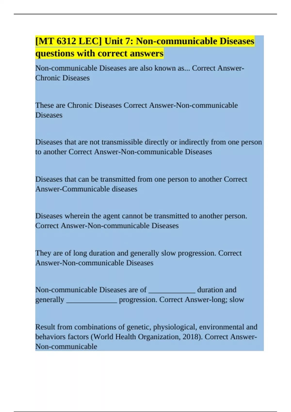 [MT 6312 LEC] Unit 7: Non-communicable Diseases questions with correct ...