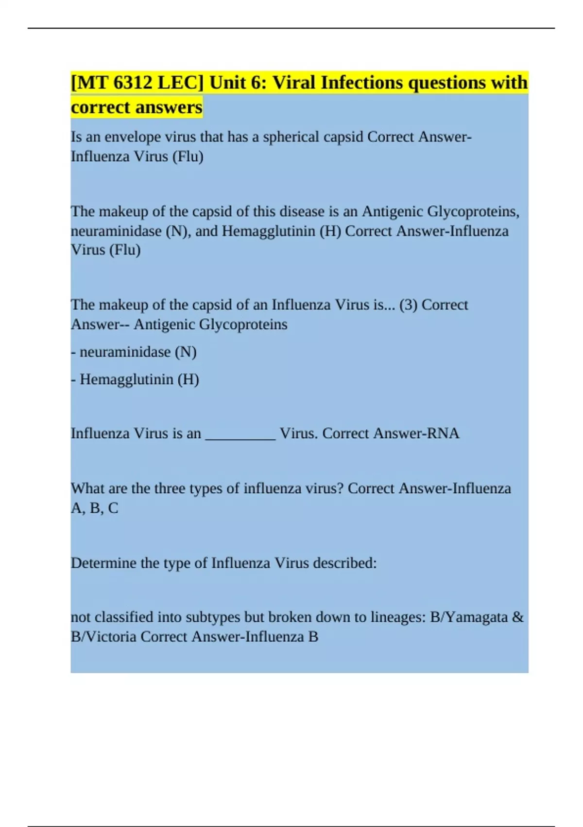 [MT 6312 LEC] Unit 6: Viral Infections questions with correct answers ...