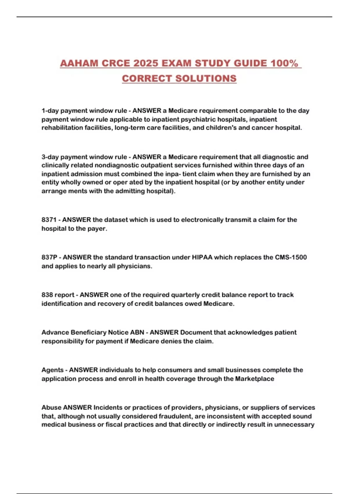 AAHAM CRCE 2025 EXAM STUDY GUIDE 100% CORRECT SOLUTIONS - AAHAM CRCE ...