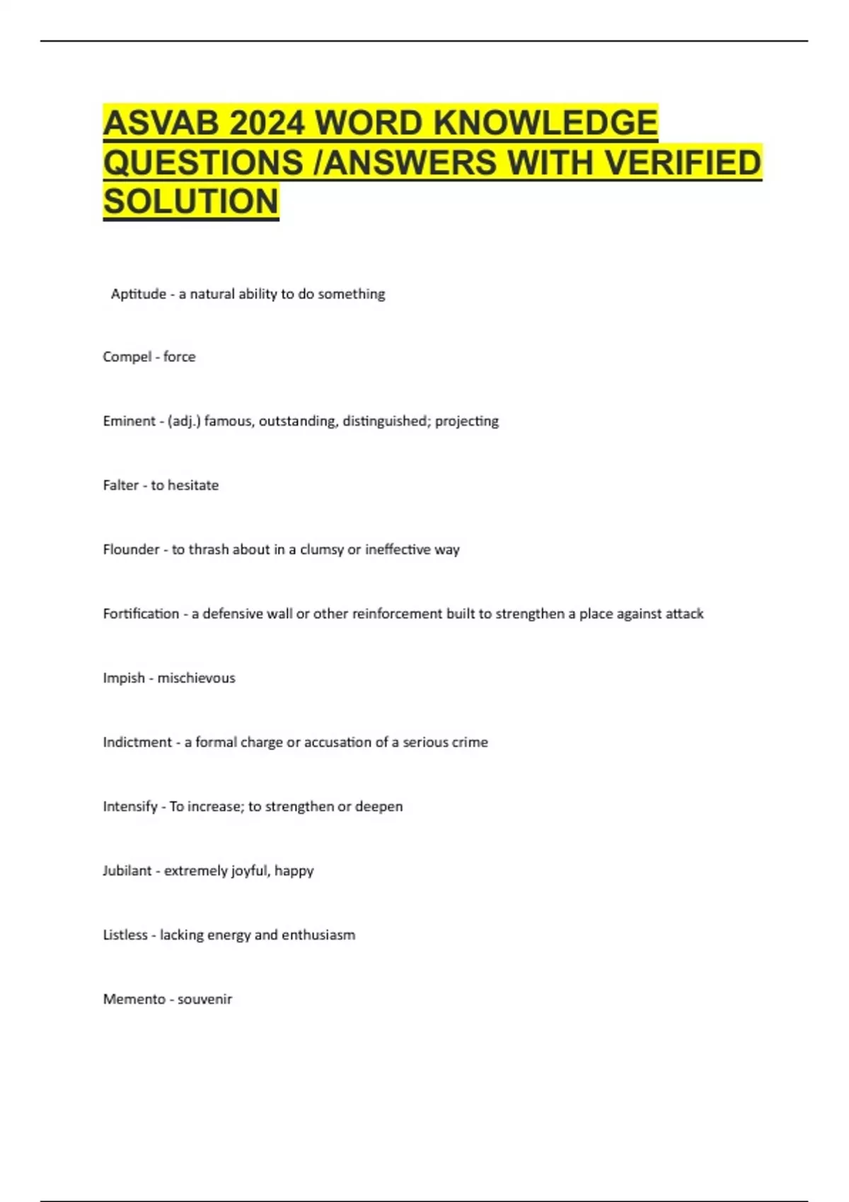 ASVAB 2024 WORD KNOWLEDGE - ASVAB 2024 WORD KNOWLEDGE - Stuvia US