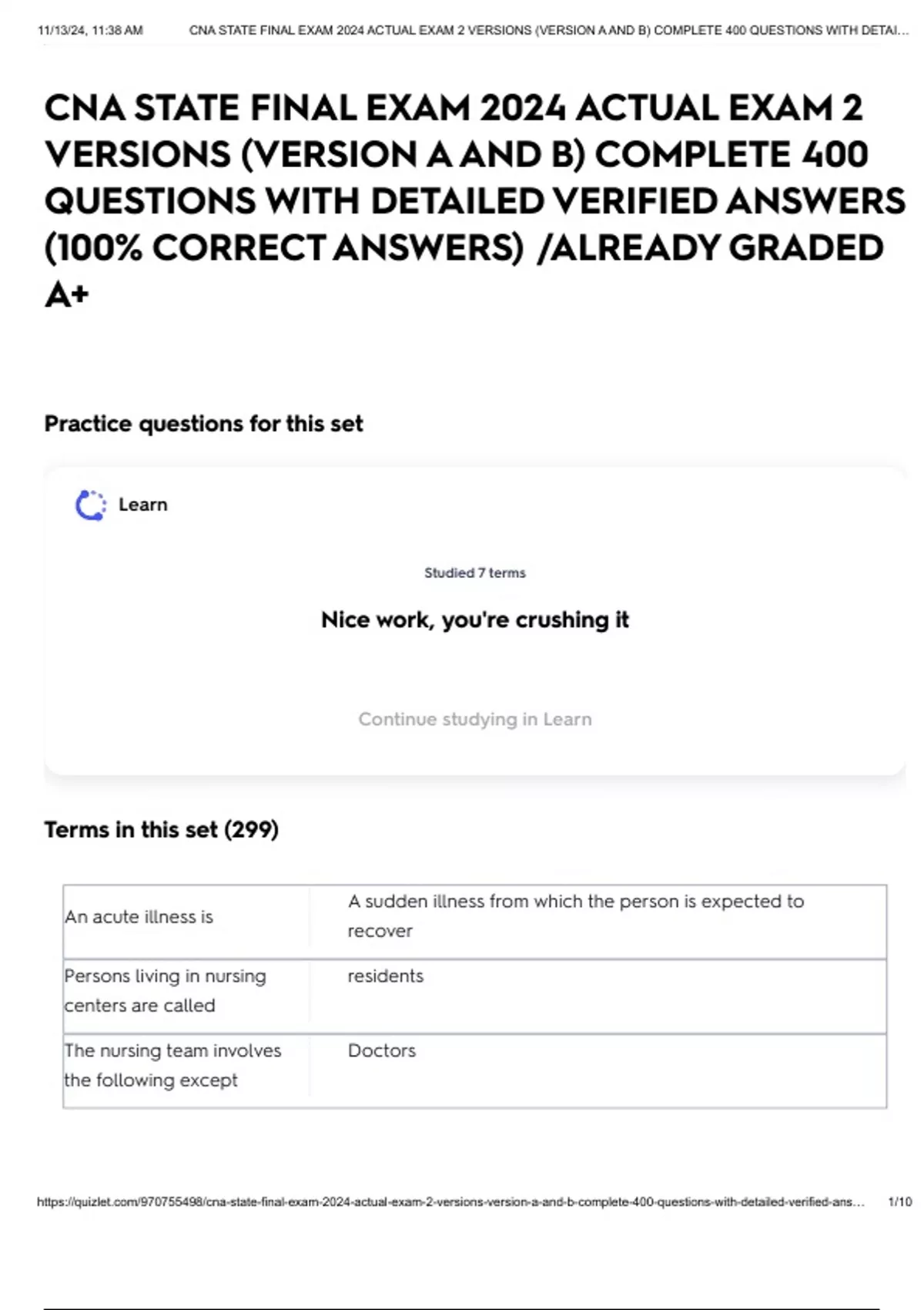 CNA STATE FINAL EXAM 2024 ACTUAL EXAM 2 VERSIONS (VERSION A AND B ...