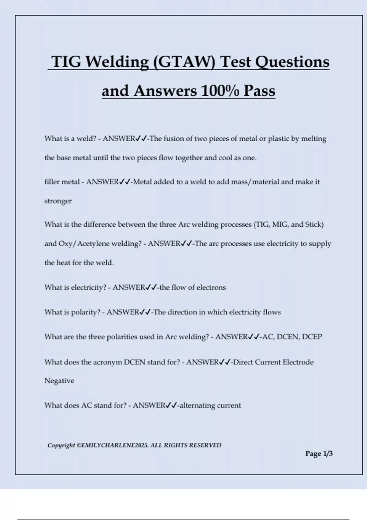TIG Welding (GTAW) Test Questions and Answers 100% Pass - Prep Tests ...