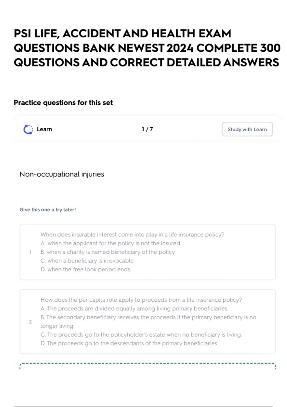 PSI LIFE, ACCIDENT AND HEALTH EXAM QUESTIONS BANK NEWEST 2024 COMPLETE ...
