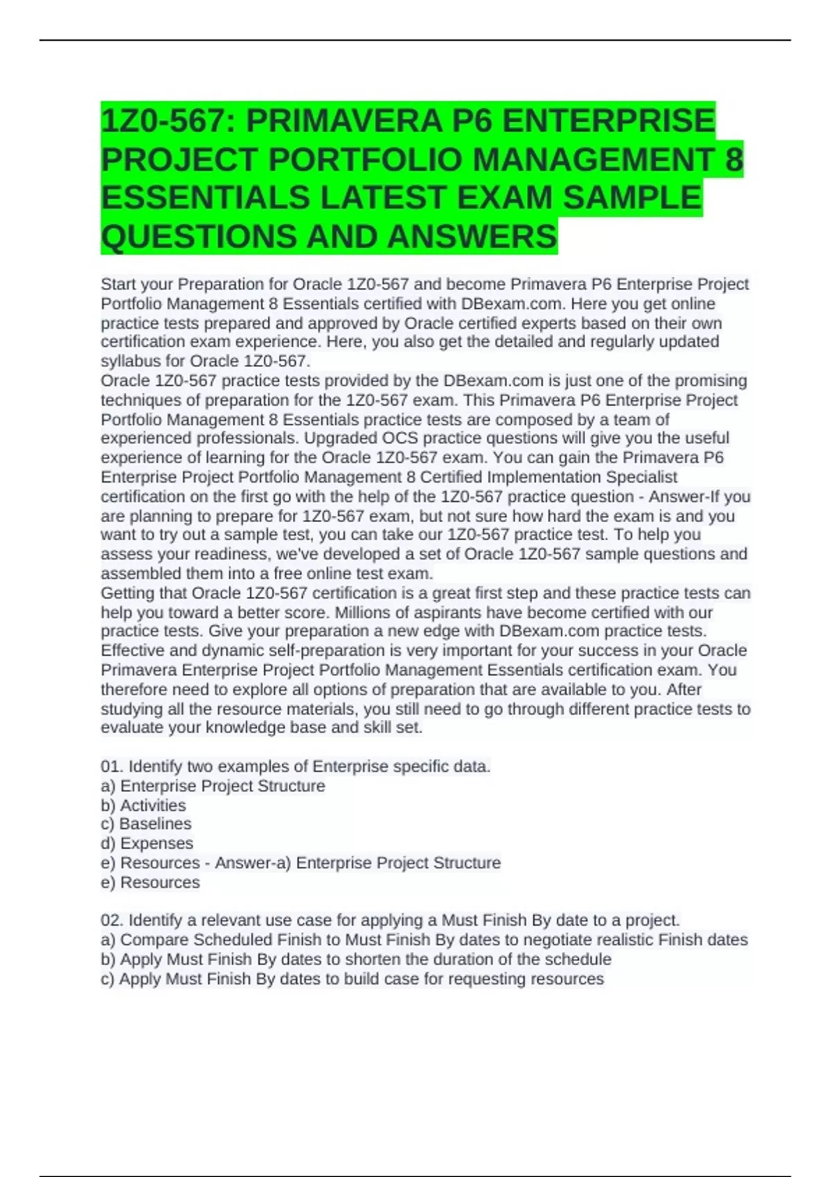 1Z0-567: PRIMAVERA P6 ENTERPRISE PROJECT PORTFOLIO MANAGEMENT 8 ...