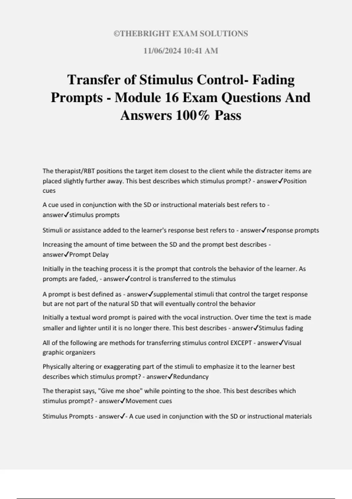 Transfer of Stimulus Control- Fading Prompts - Module 16 Exam Questions ...