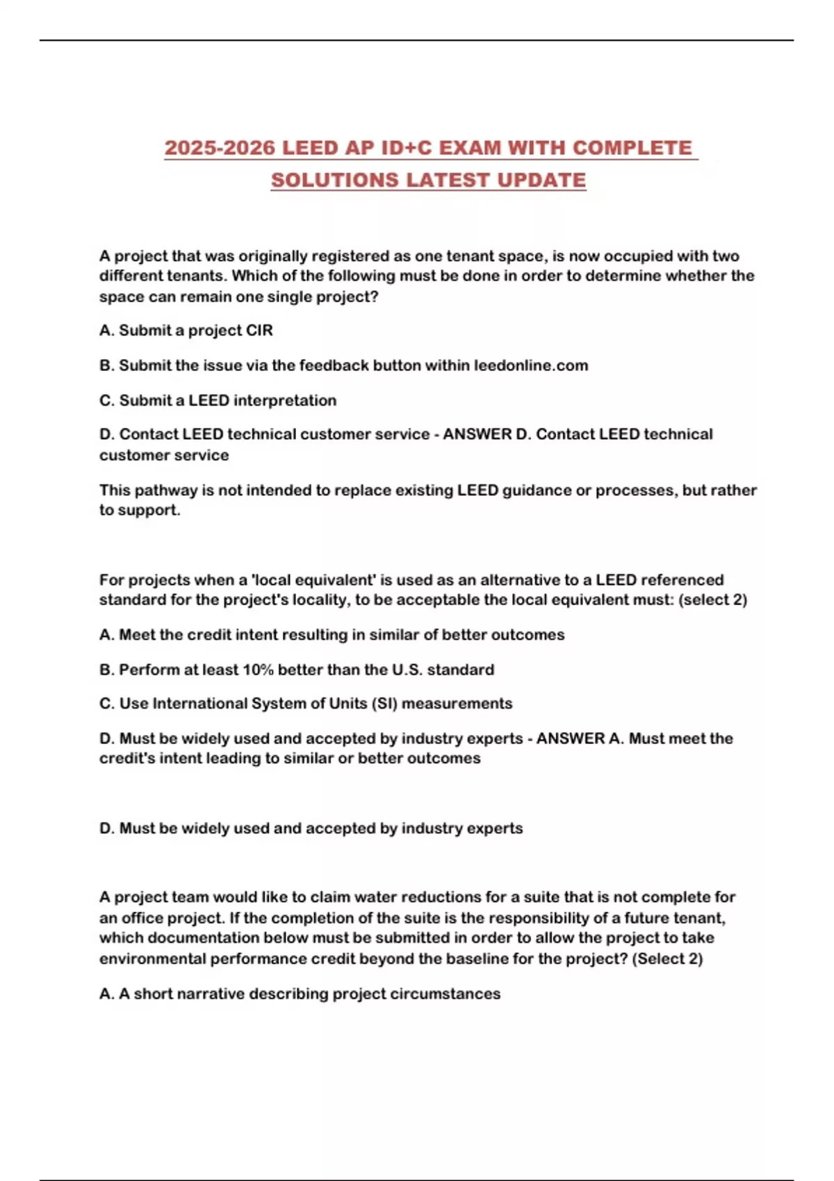 LEED AP ID+C EXAM WITH COMPLETE SOLUTIONS LATEST UPDATE - LEED AP ID+C ...