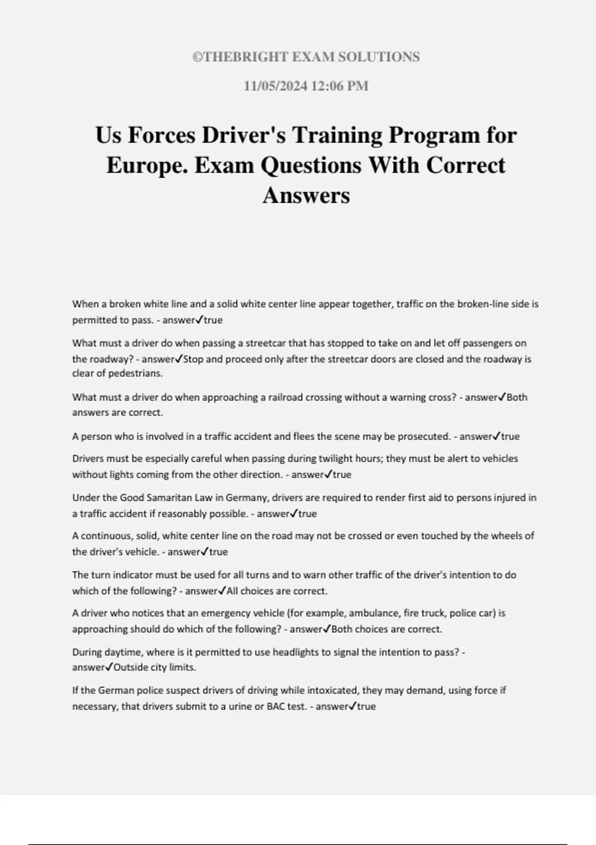 Us Forces Driver's Training Program for Europe. Exam Questions With ...