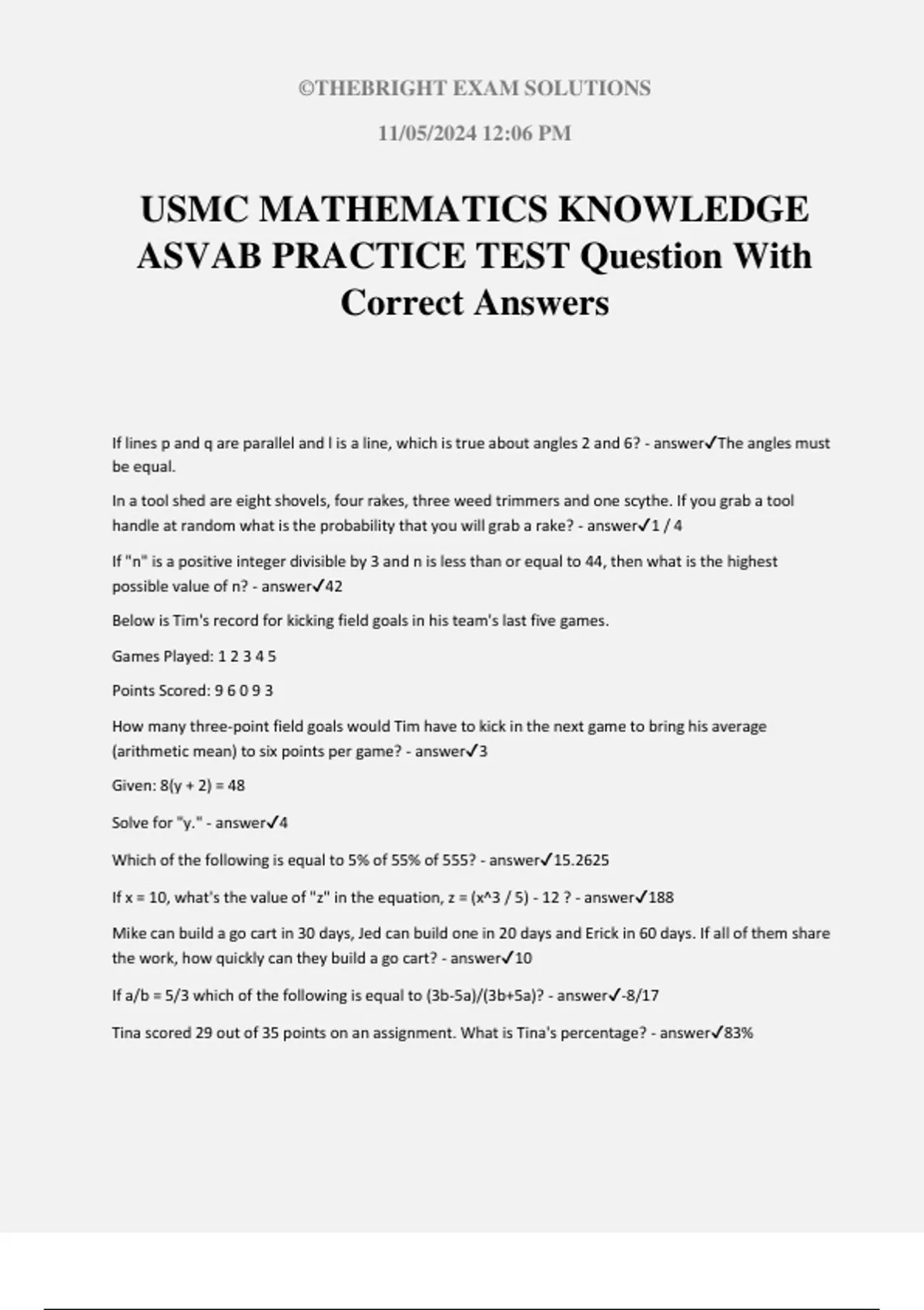 USMC MATHEMATICS KNOWLEDGE ASVAB PRACTICE TEST Question With Correct ...