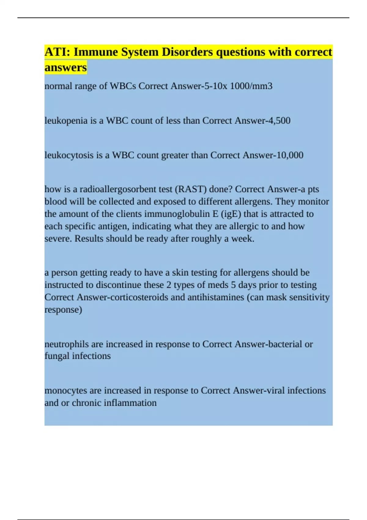 ATI: Immune System Disorders questions with correct answers - RN ...