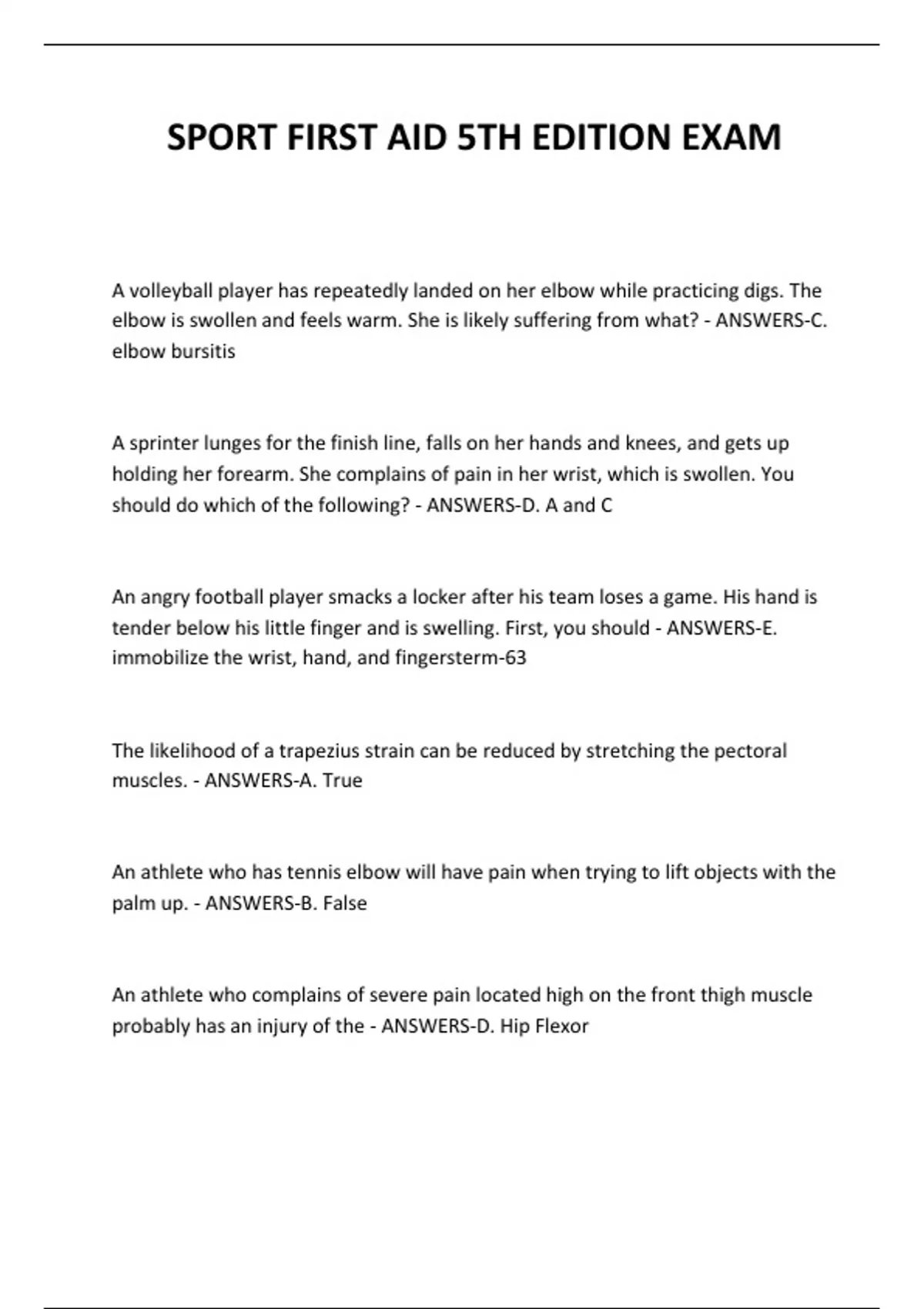 SPORT FIRST AID 5TH EDITION EXAM QUESTIONS AND ANSWERS 2024 - SPORT ...