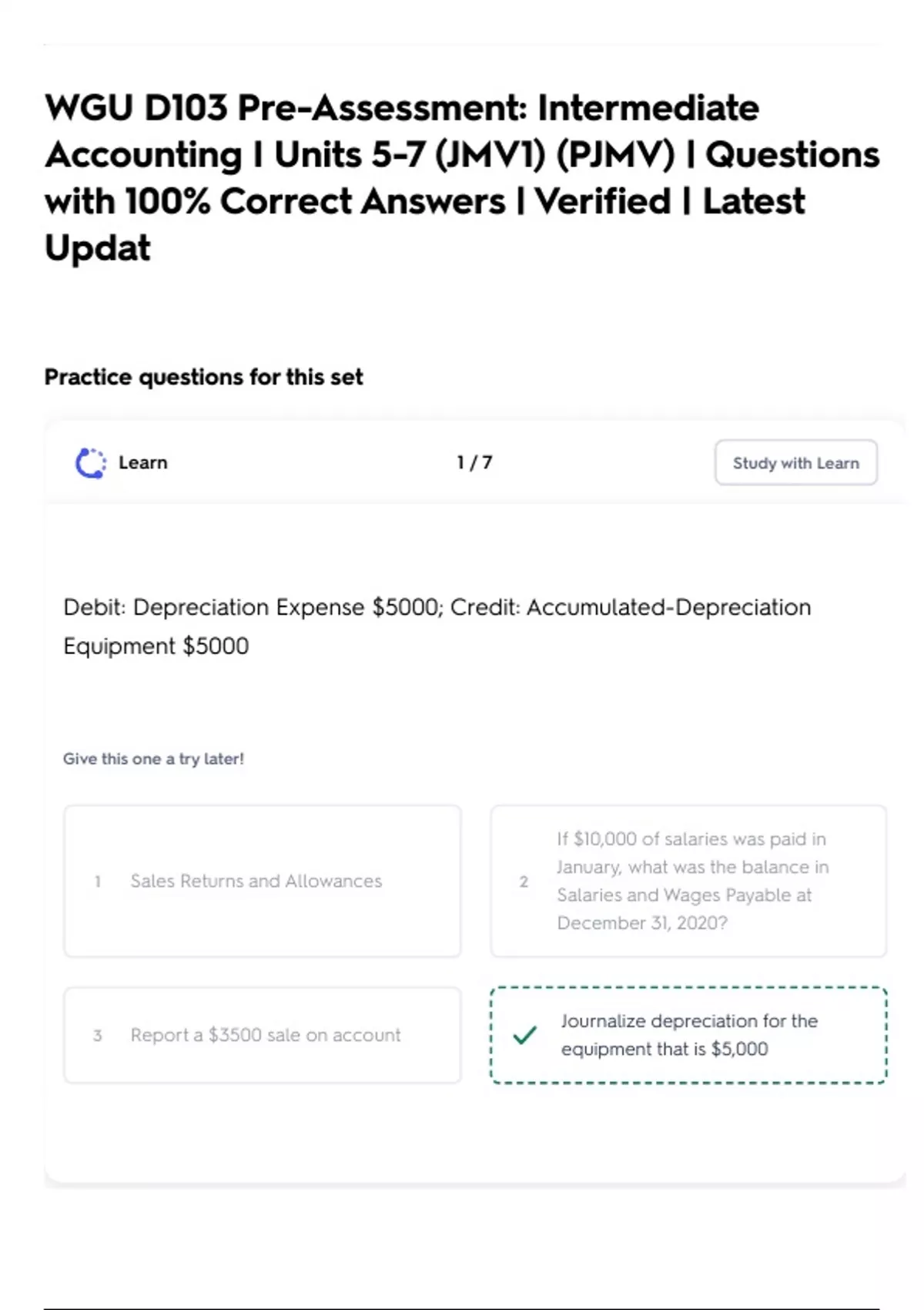 WGU D103 Pre-Assessment: Intermediate Accounting I Units 5-7 (JMV1) (PJMV) | Questions with 100% ...