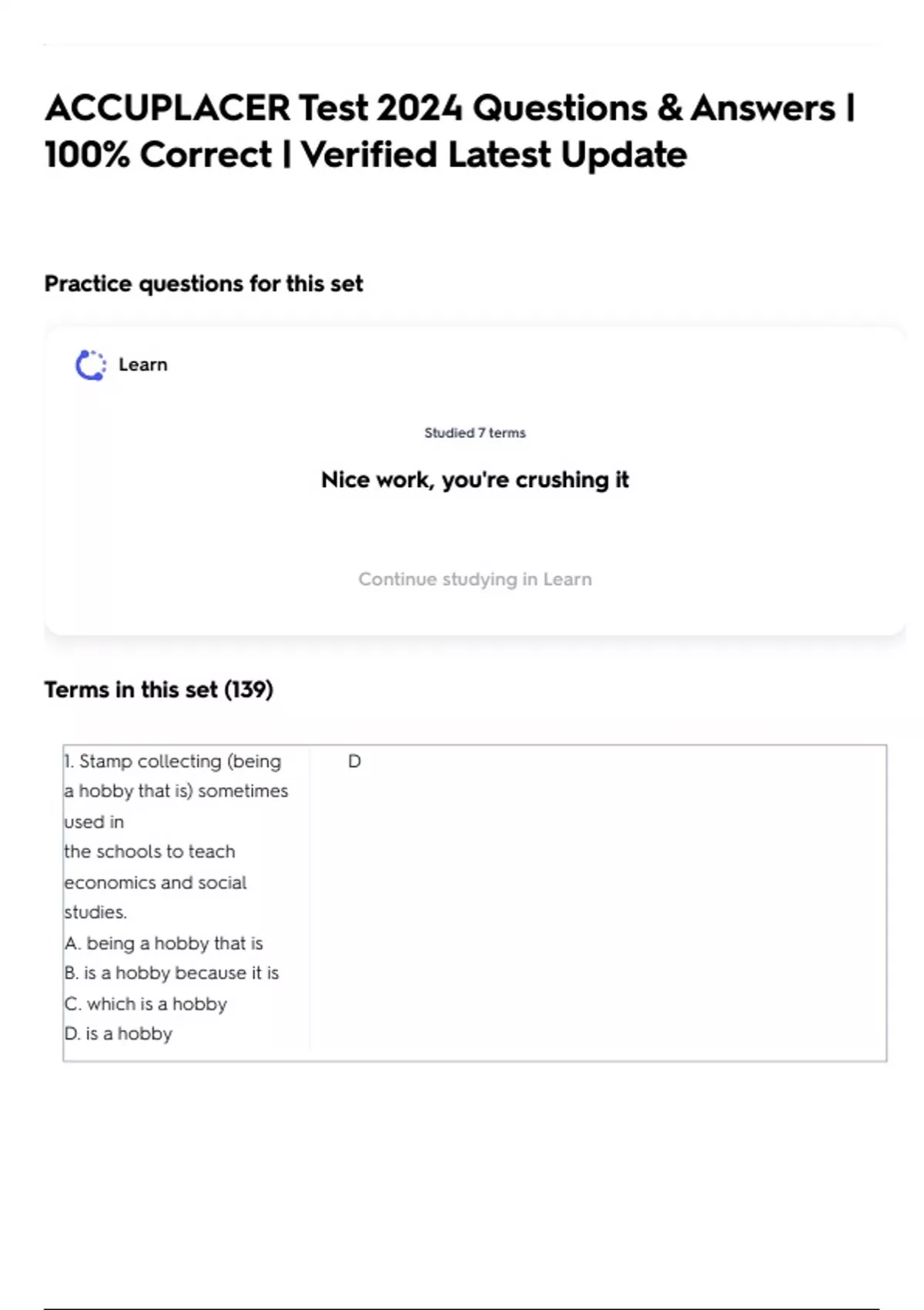 Accuplacer Test 2024 Questions And Answers 100 Correct Verified Latest Update Accuplacer