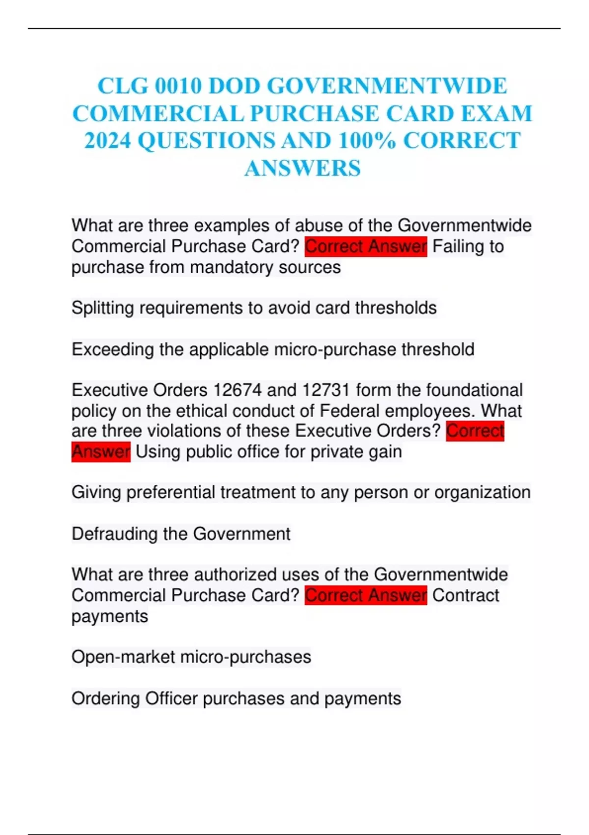 CLG 0010 DOD GOVERNMENTWIDE COMMERCIAL PURCHASE CARD EXAM 2024 ...