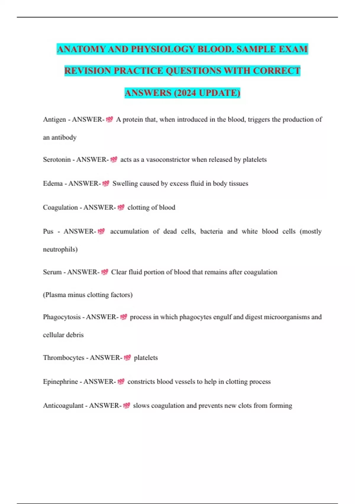 ANATOMY AND PHYSIOLOGY BLOOD. SAMPLE EXAM REVISION PRACTICE QUESTIONS ...