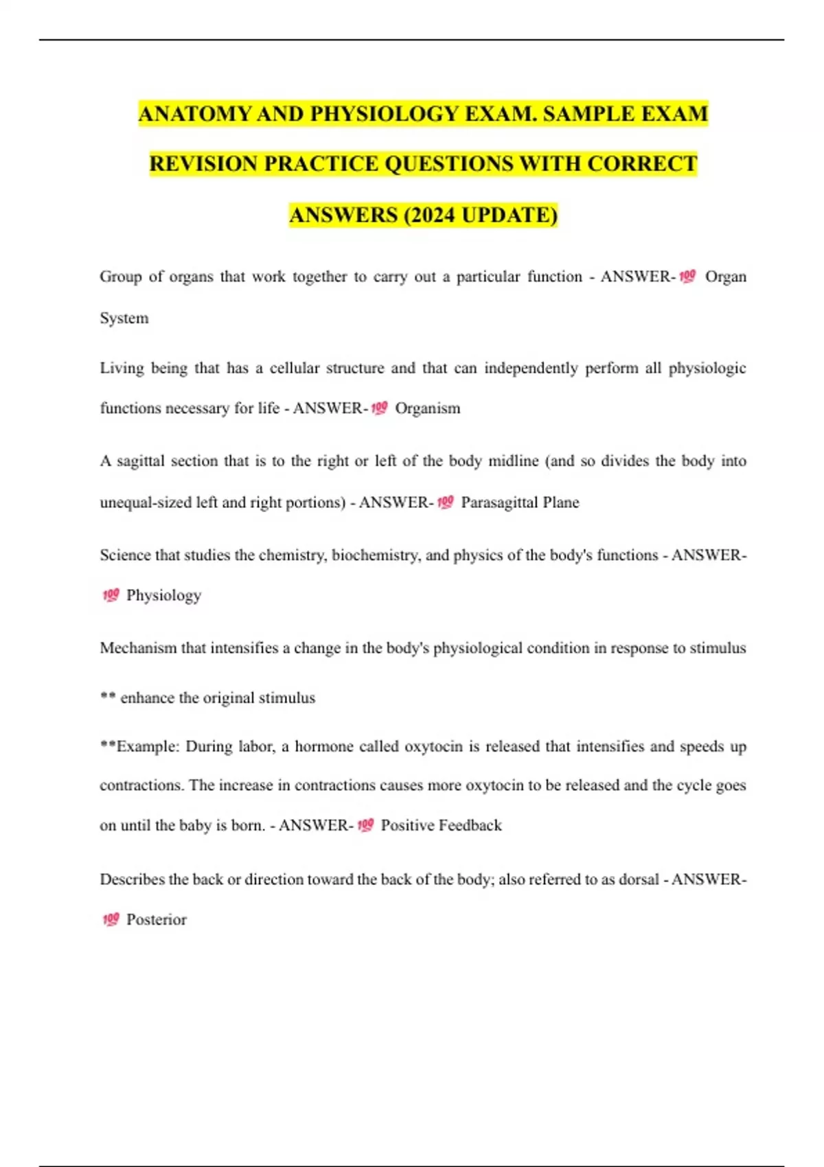 ANATOMY AND PHYSIOLOGY EXAM. SAMPLE EXAM REVISION PRACTICE QUESTIONS ...