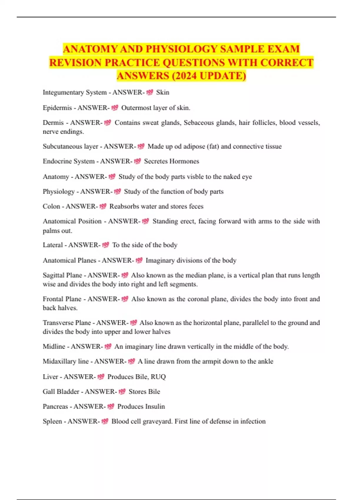ANATOMY AND PHYSIOLOGY SAMPLE EXAM REVISION PRACTICE QUESTIONS WITH ...