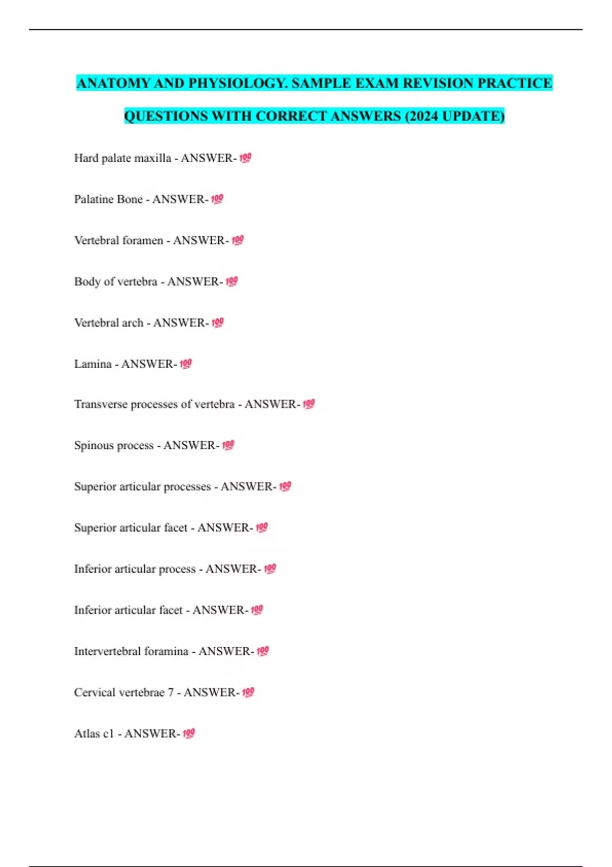ANATOMY AND PHYSIOLOGY. SAMPLE EXAM REVISION PRACTICE QUESTIONS WITH ...