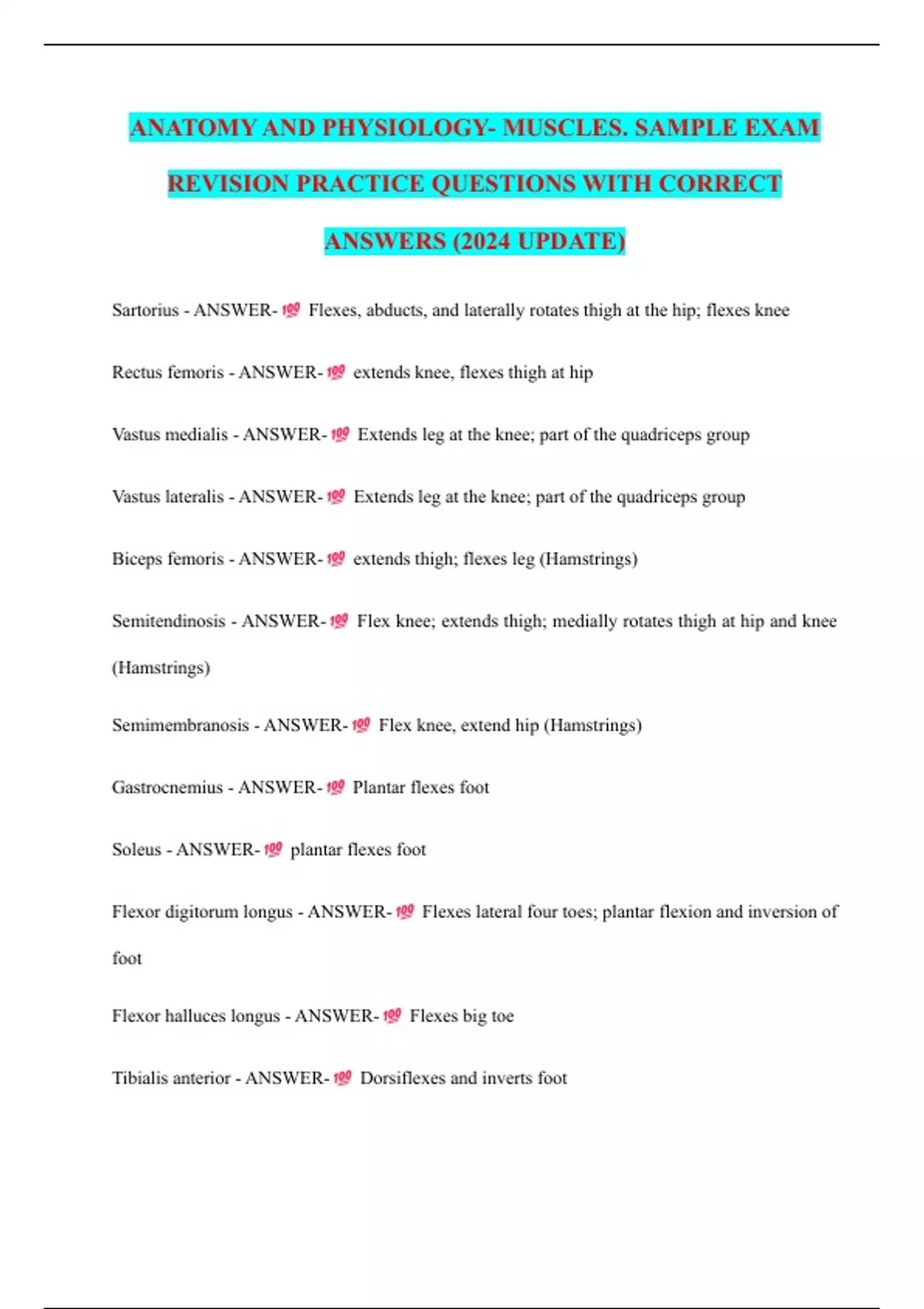 ANATOMY AND PHYSIOLOGY- MUSCLES. SAMPLE EXAM REVISION PRACTICE ...