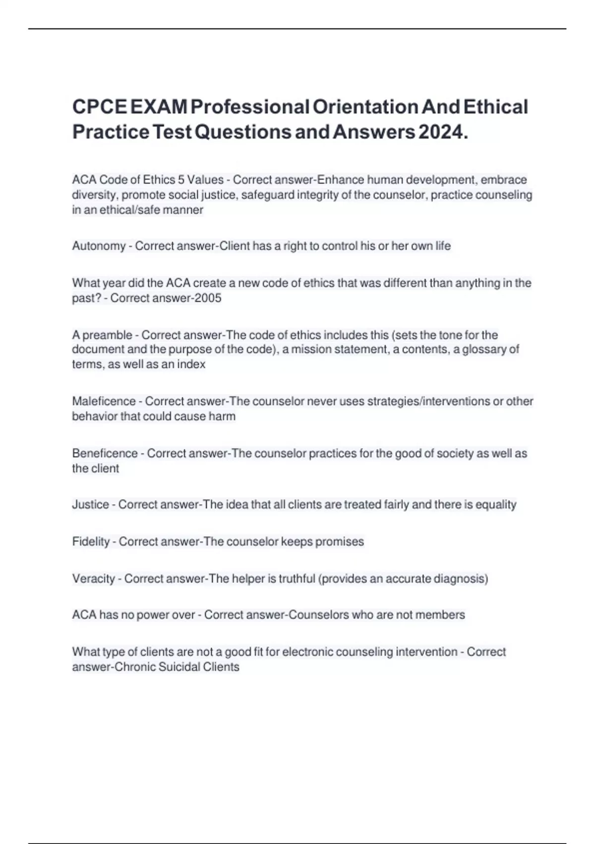 CPCE EXAM Professional Orientation And Ethical Practice Test Questions ...