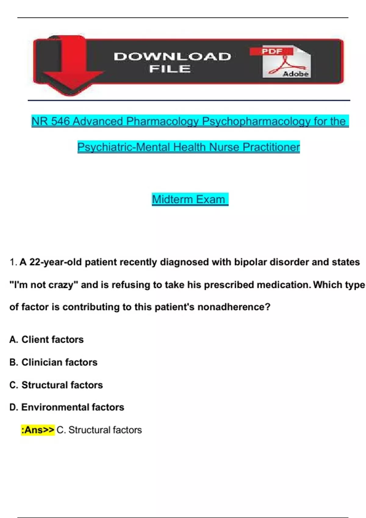 NR 546 Midterm Exam : Advanced Pharmacology Psychopharmacology for the ...