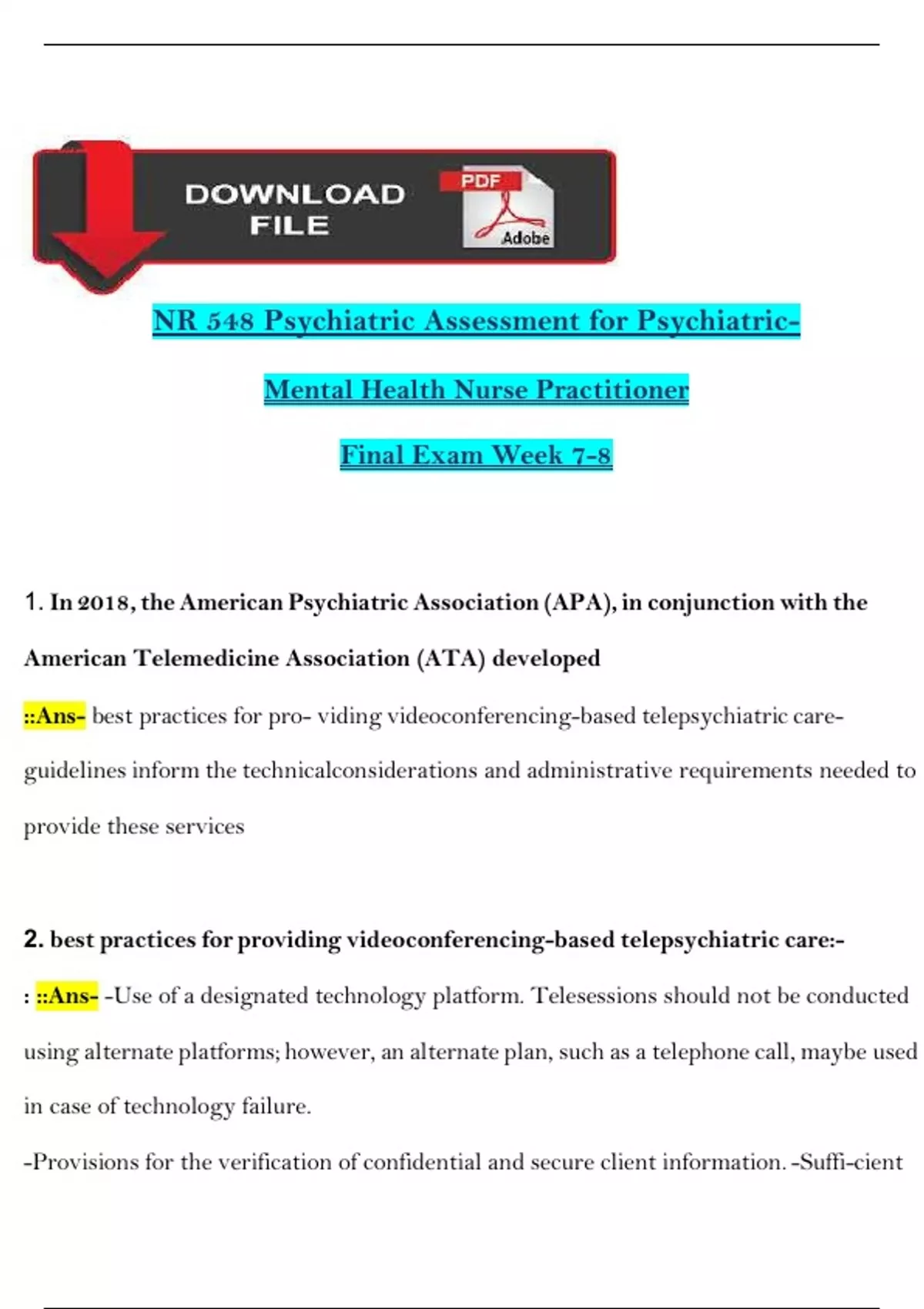 NR 548 Final Exam Psychiatric Assessment for Psychiatric-Mental Health ...