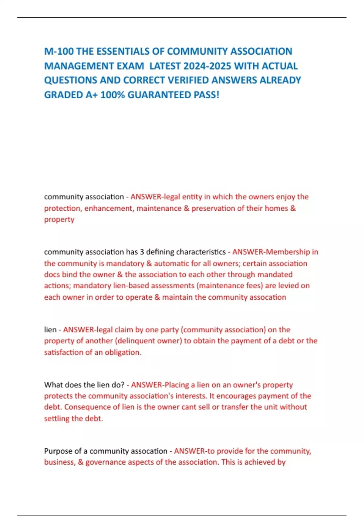 M-100 THE ESSENTIALS OF COMMUNITY ASSOCIATION MANAGEMENT EXAM LATEST ...