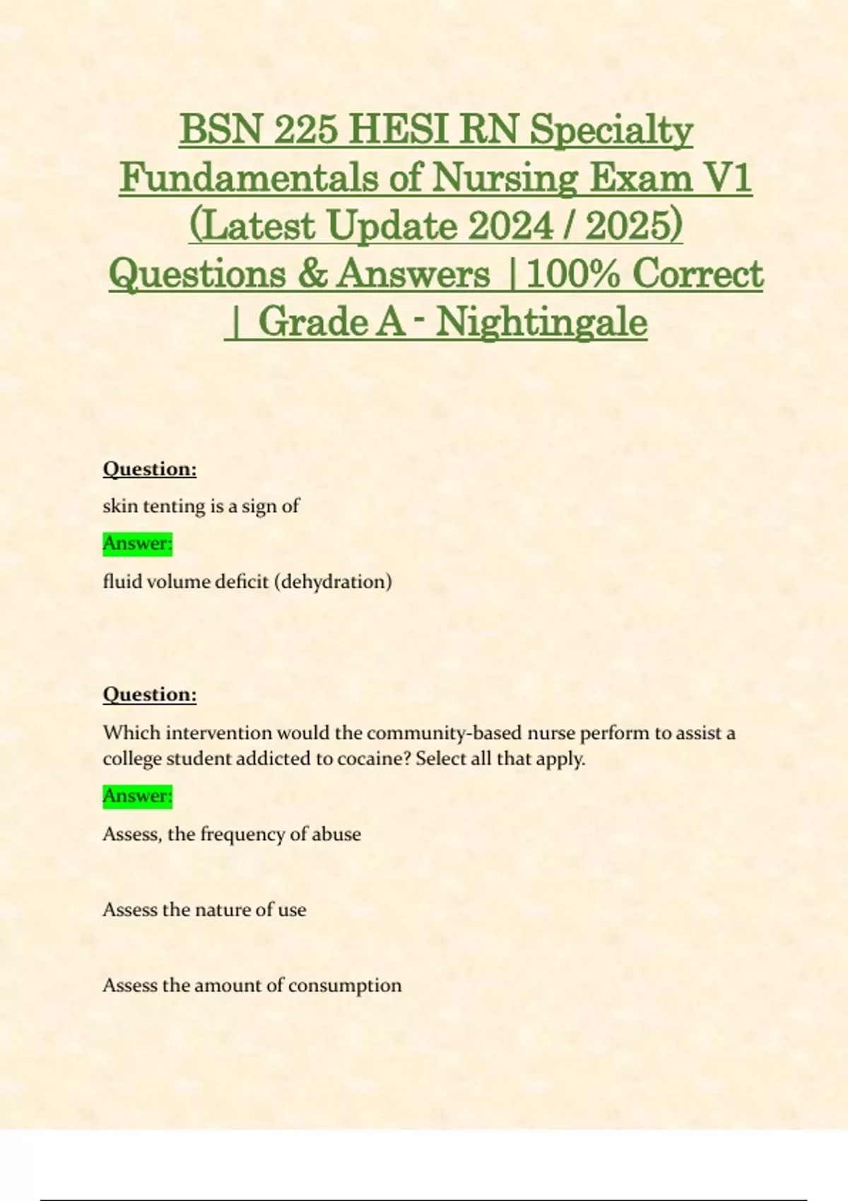 BSN 225 HESI RN Specialty Fundamentals of Nursing Exam V1 / V2 / V3 ...