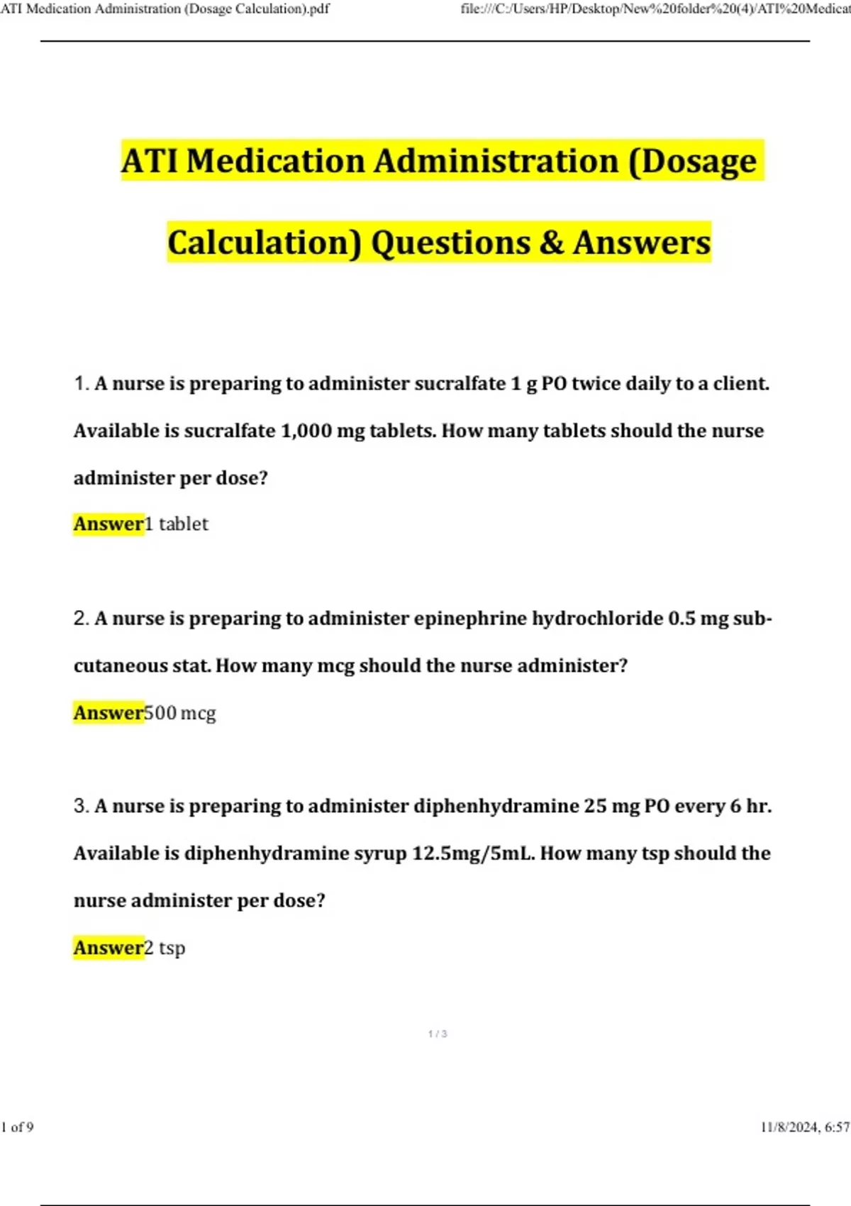 ATI Medication Administration (Dosage Calculation) Updated Questions ...