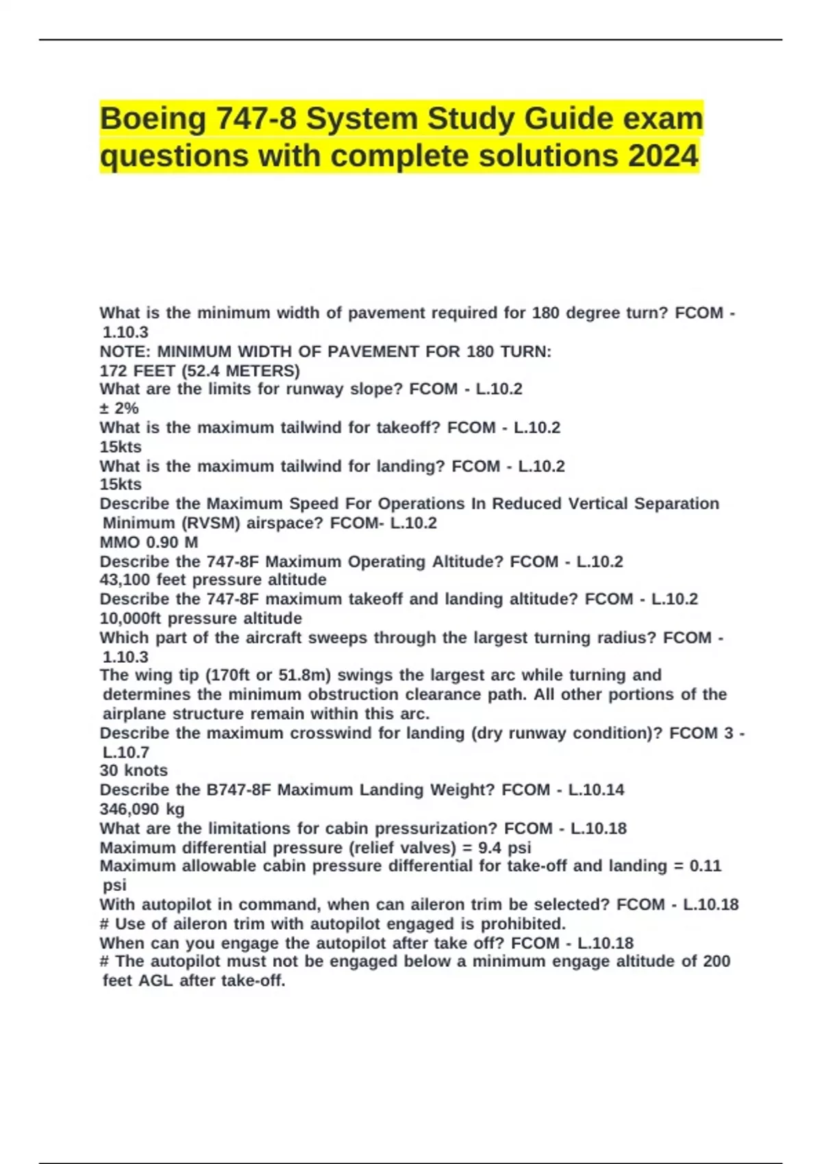 Boeing 747-8 System Study Guide exam questions with complete solutions ...
