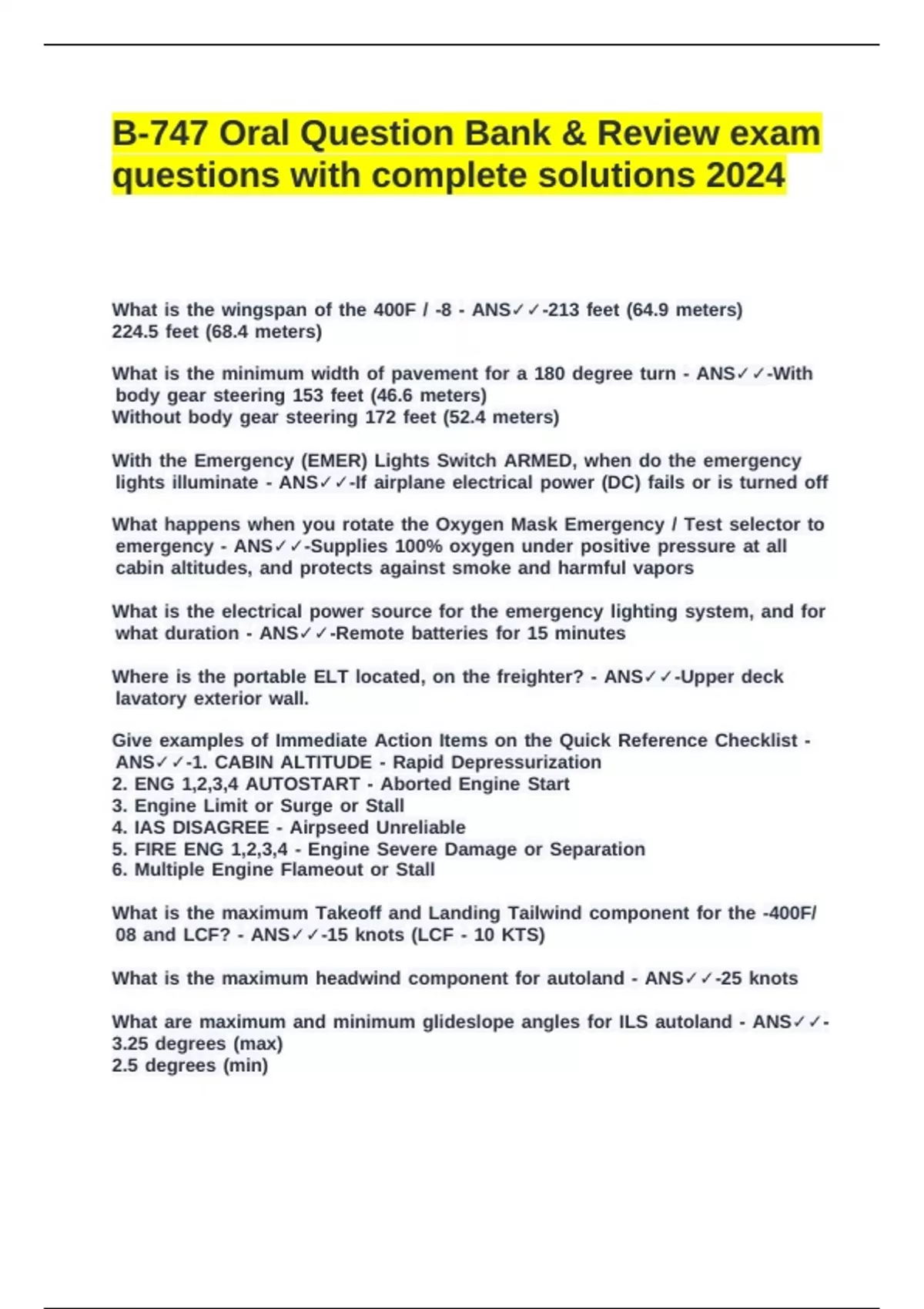 B-747 Oral Question Bank & Review exam questions with complete ...