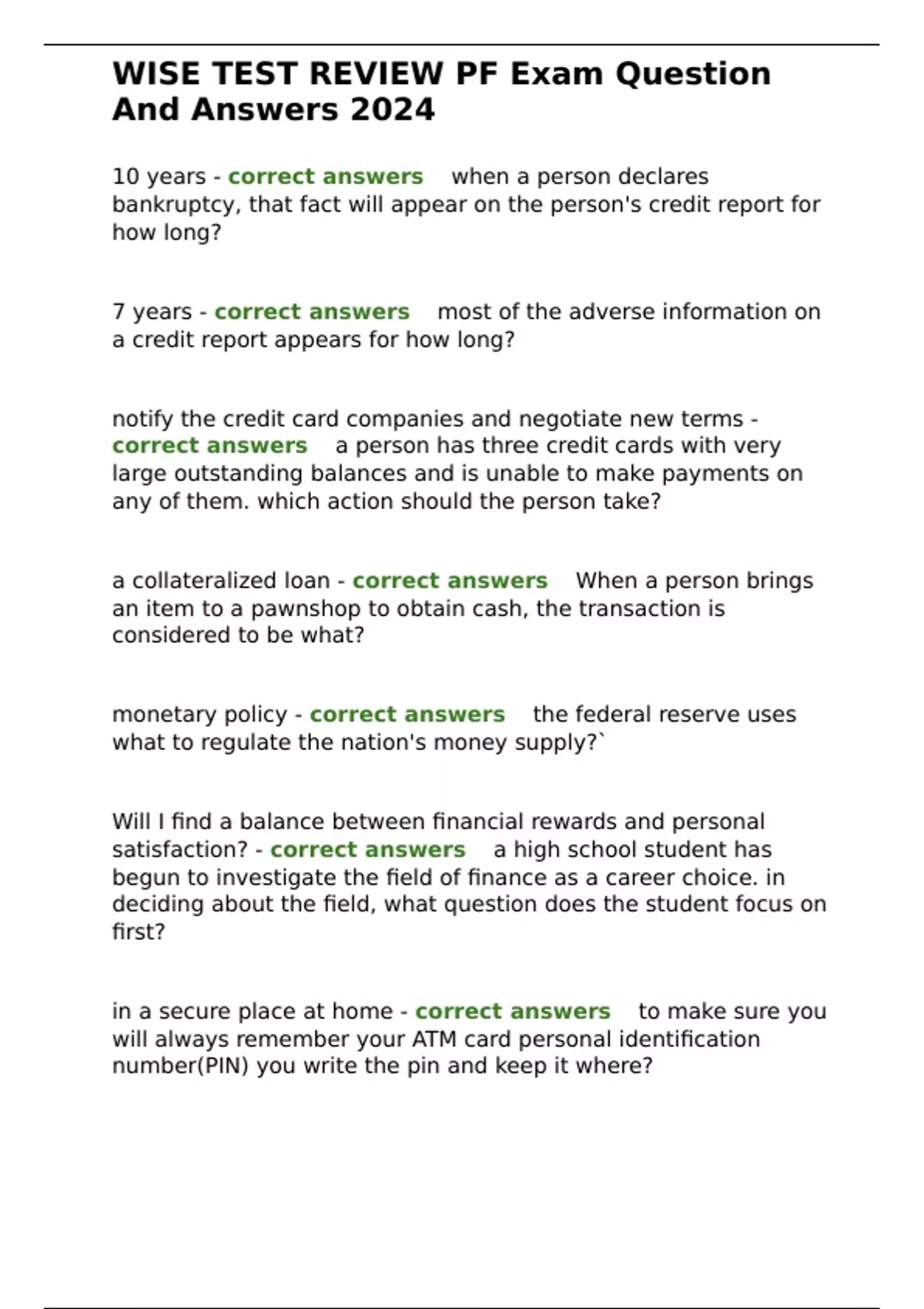 WISE TEST REVIEW PF Exam Question And Answers 2024. - Cna - nursing ...