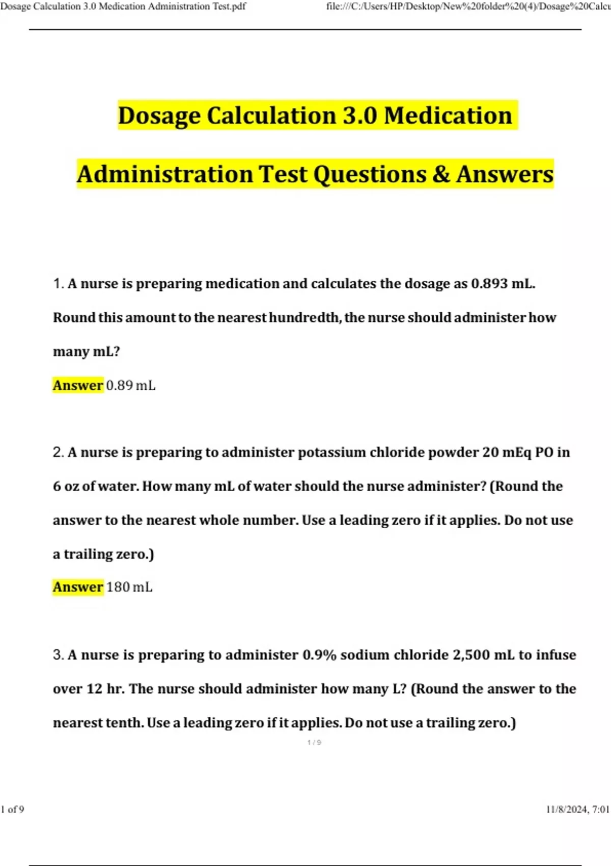 Dosage Calculation 3.0 Medication Administration Test Updated Questions ...