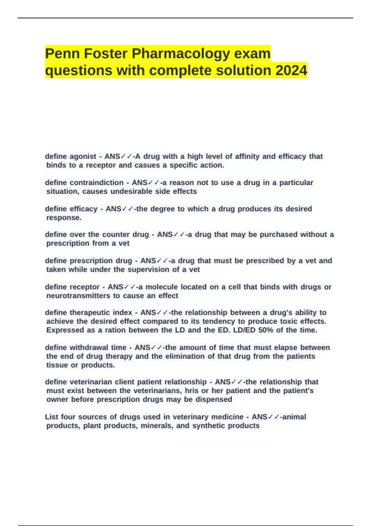 Penn Foster Pharmacology exam questions with complete solution 2024 ...