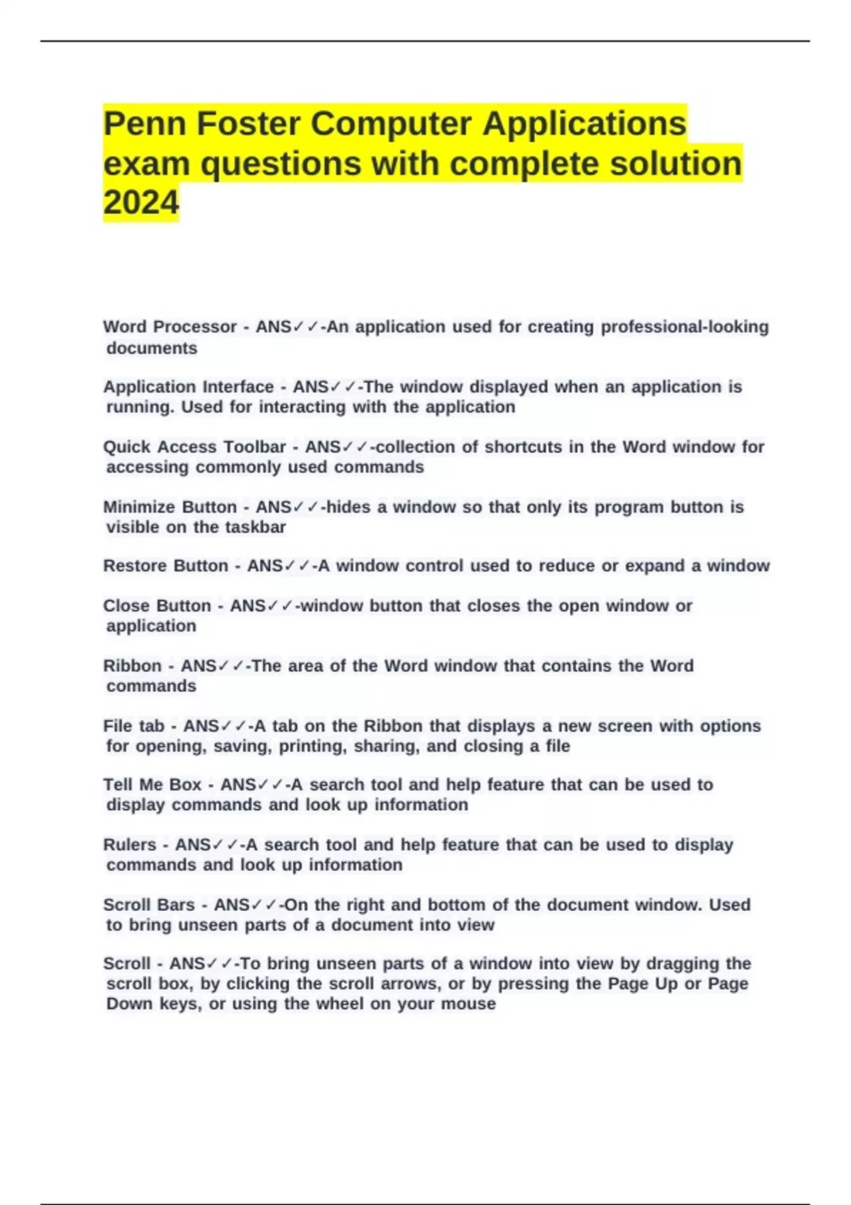 Penn Foster Computer Applications exam questions with complete solution ...