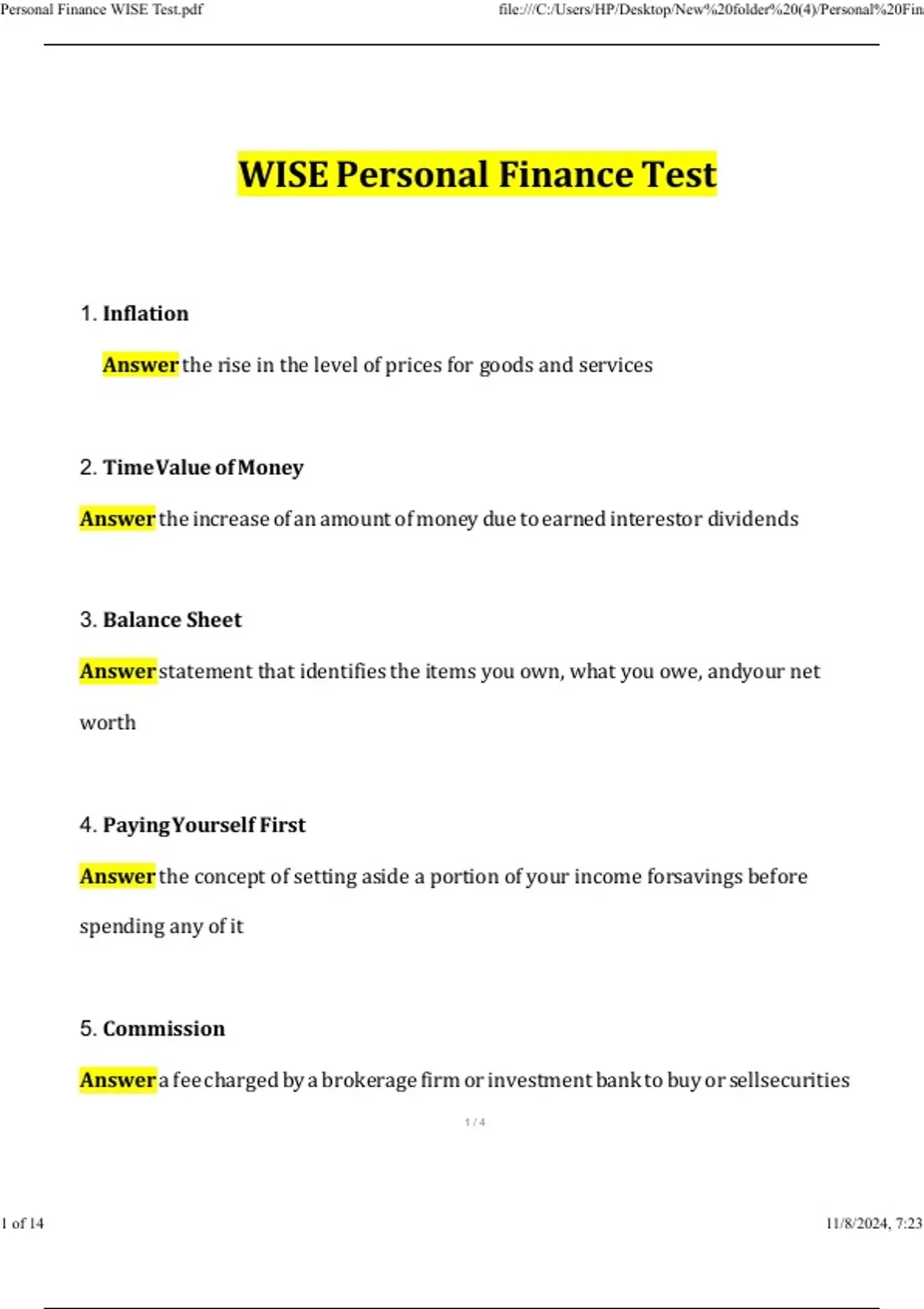 WISE Personal Finance Test 2024 Updated Questions and Answers (2024/ ...