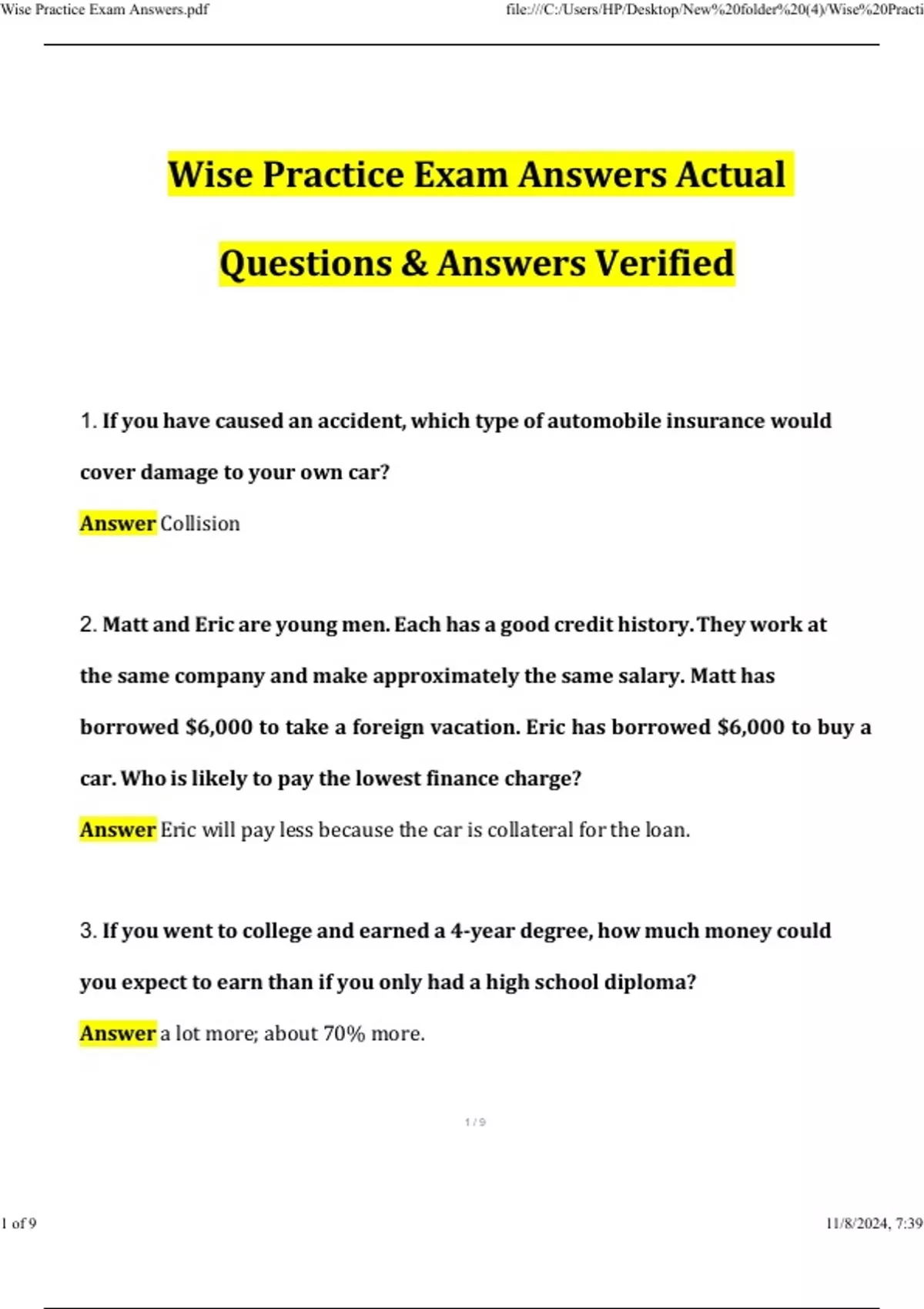 Wise Practice Exam Answers Updated Questions and Answers (2024/2025 ...