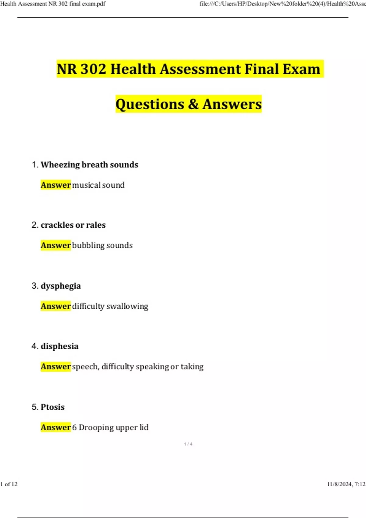 NR302 / NR 302 Final Health Assessment Exam 2024 Updated Questions and Answers (2024/2025 ...