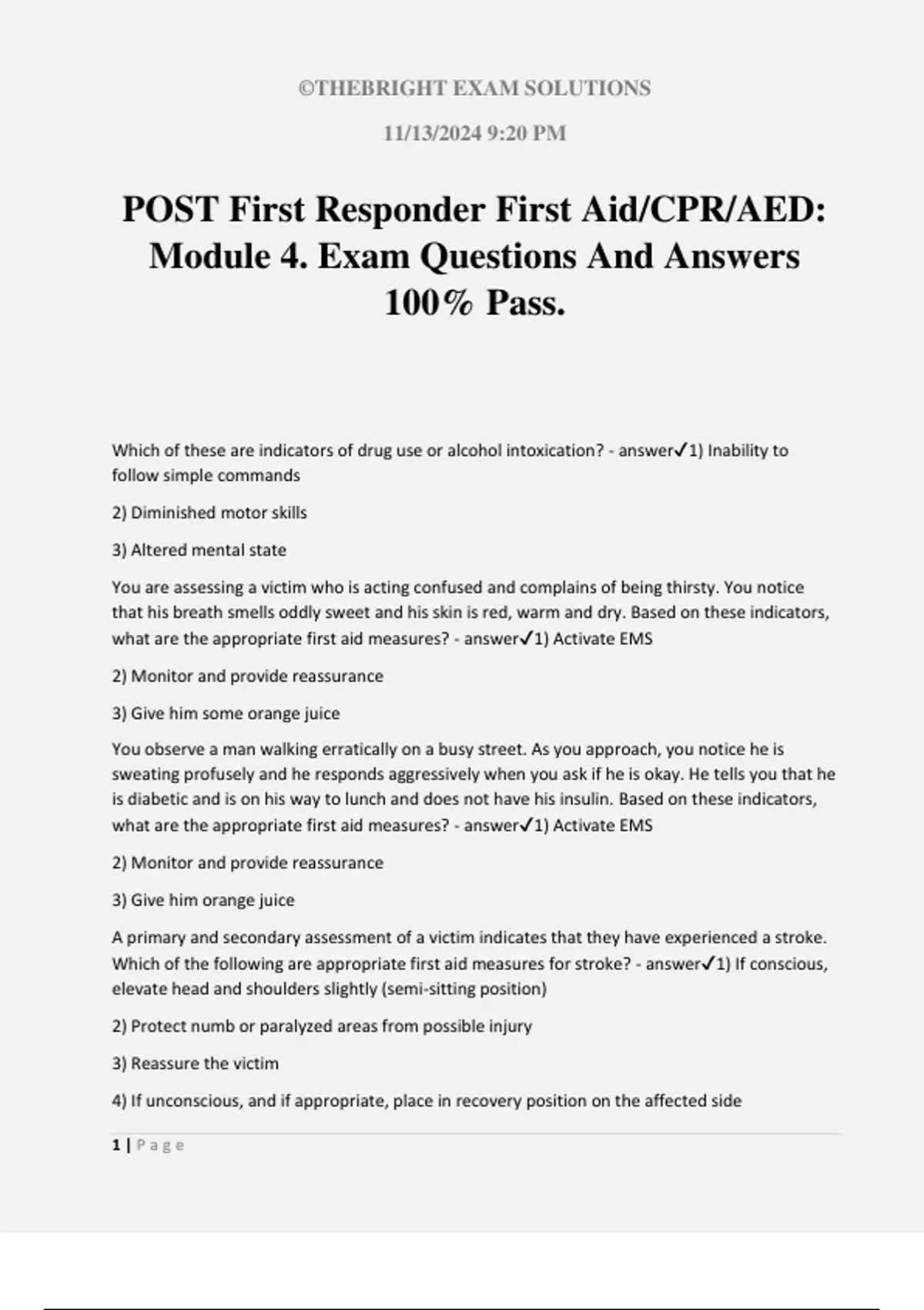 POST First Responder First Aid/CPR/AED: Module 4. Exam Questions And ...