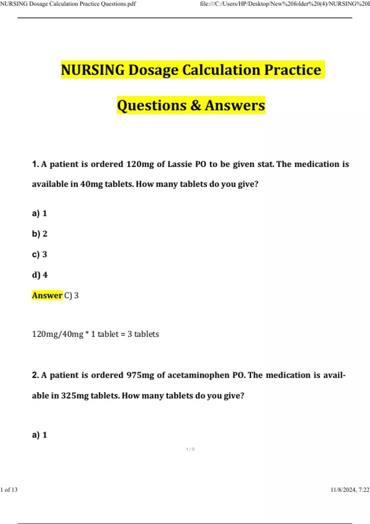 NURSING Dosage Calculation Practice Test Updated Questions and Answers ...