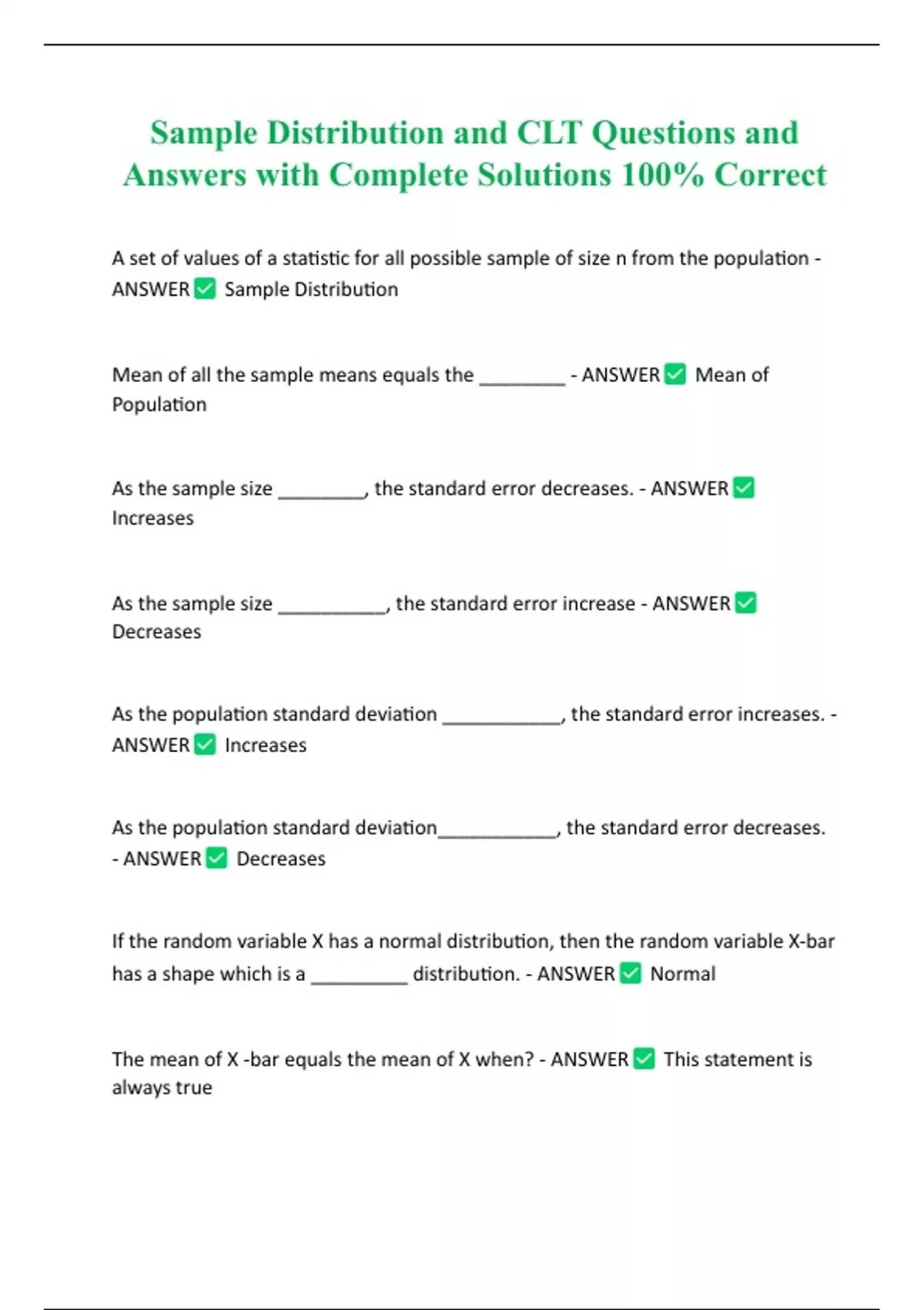 Sample Distribution and CLT Questions and Answers with Complete ...