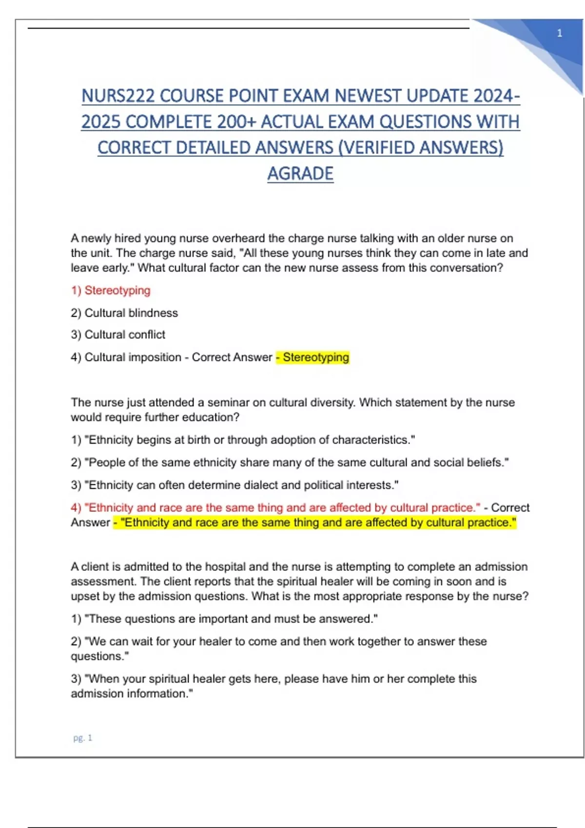 NURS222 COURSE POINT EXAM NEWEST UPDATE COMPLETE 200+ ACTUAL EXAM ...