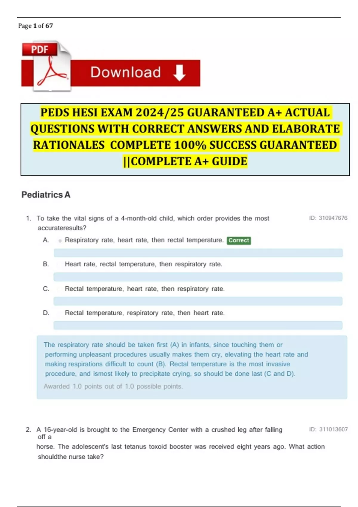 PEDS HESI EXAM 2024/25 GUARANTEED A+ ACTUAL QUESTIONS WITH CORRECT ...