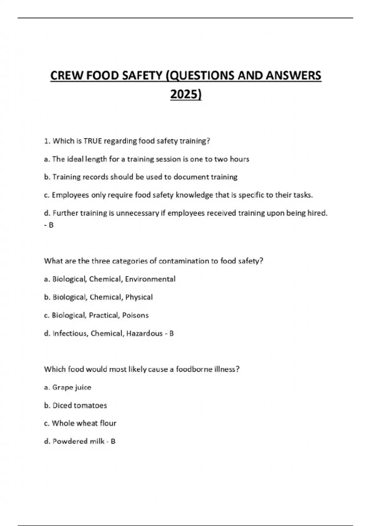 CREW FOOD SAFETY (QUESTIONS AND ANSWERS 2025) - CREW FOOD SAFETY ...