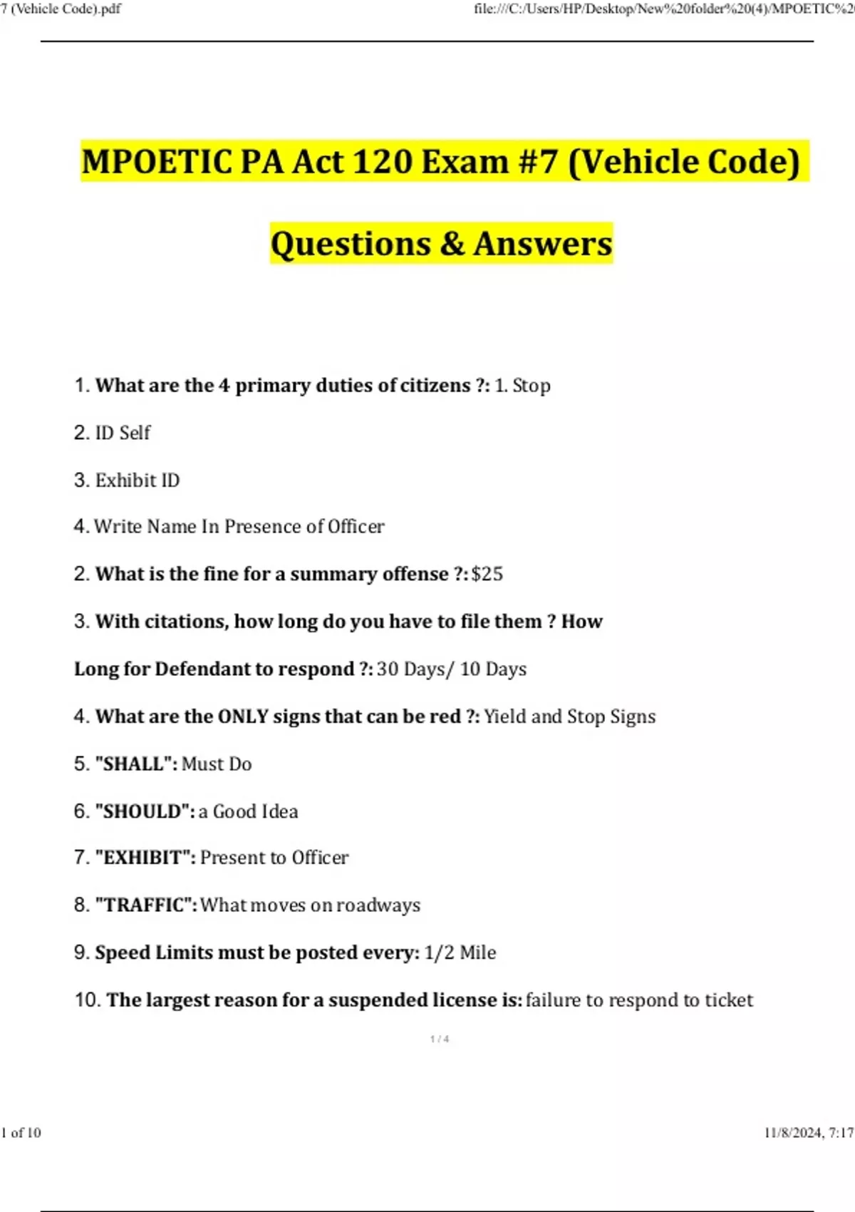 MPOETIC PA Act 120 Exam -7 (Vehicle Code) Updated 2024 Questions and ...