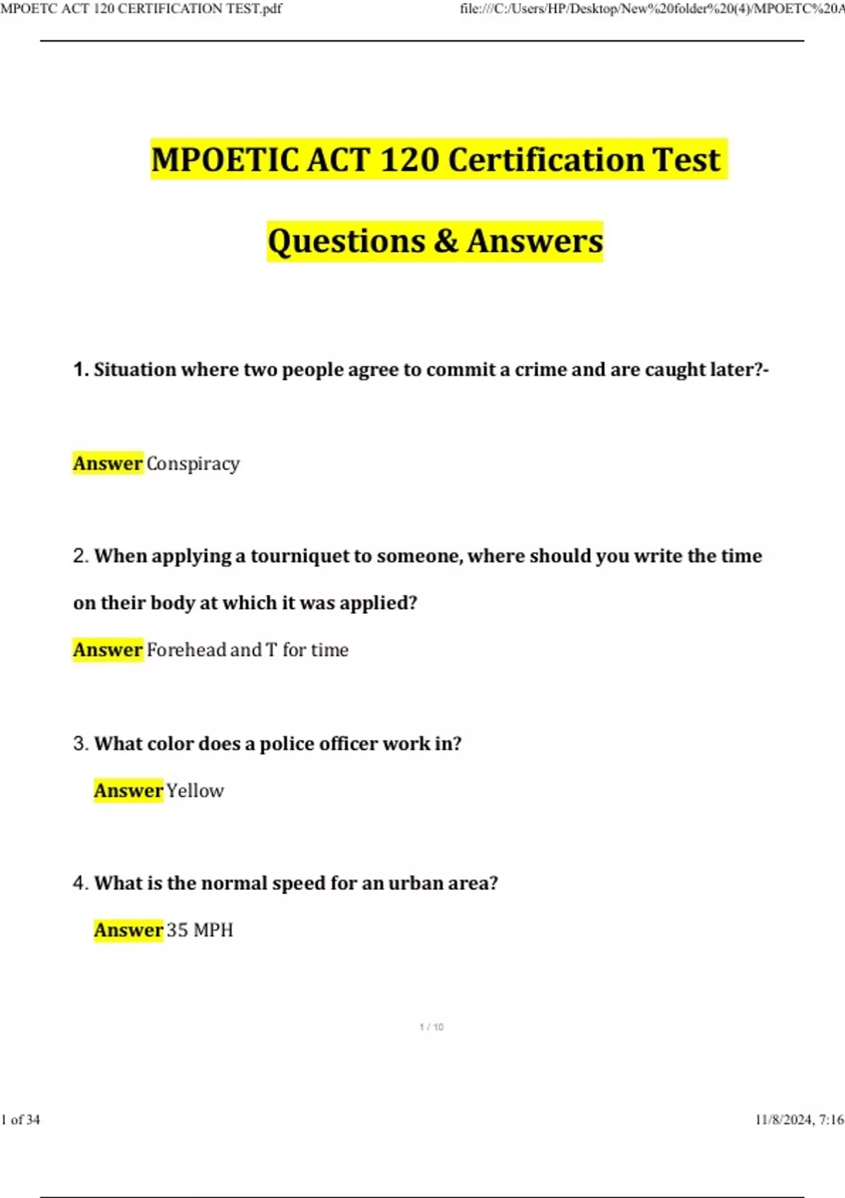 MPOETC ACT 120 CERTIFICATION TEST Updated 2024 Questions and Answers ...