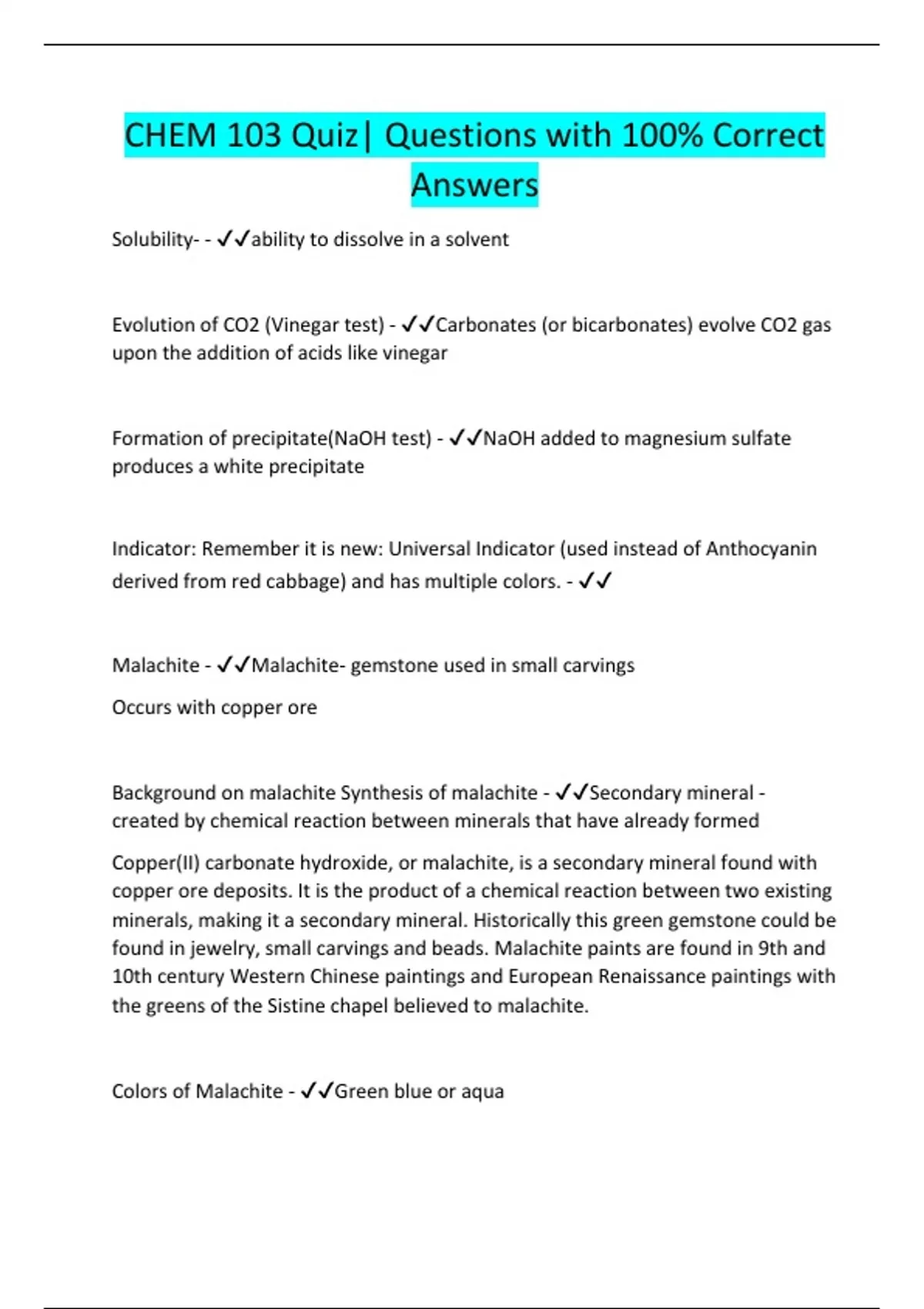 CHEM 103 Quiz| Questions with 100% Correct Answers - Chem 103 - Stuvia US