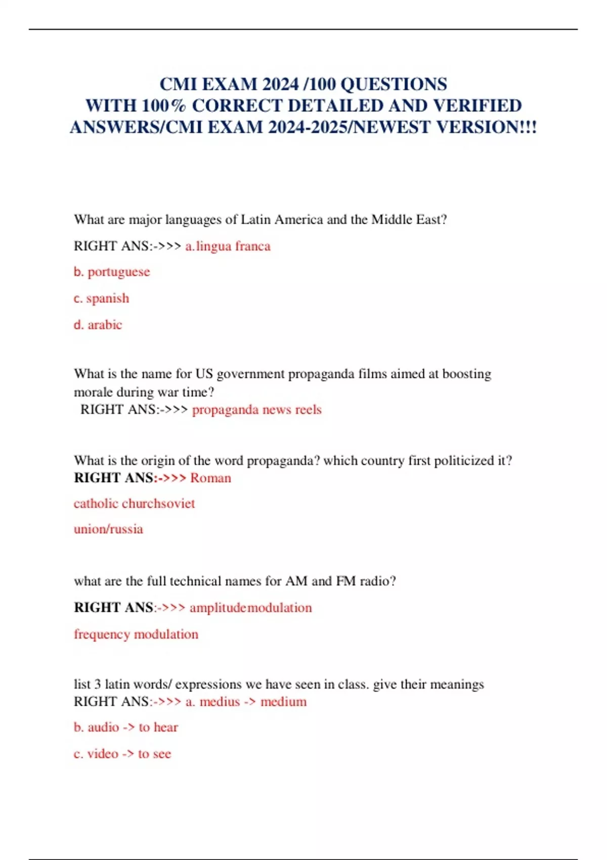 CMI EXAM 2024 /100 QUESTIONS WITH 100% CORRECT DETAILED AND VERIFIED ...