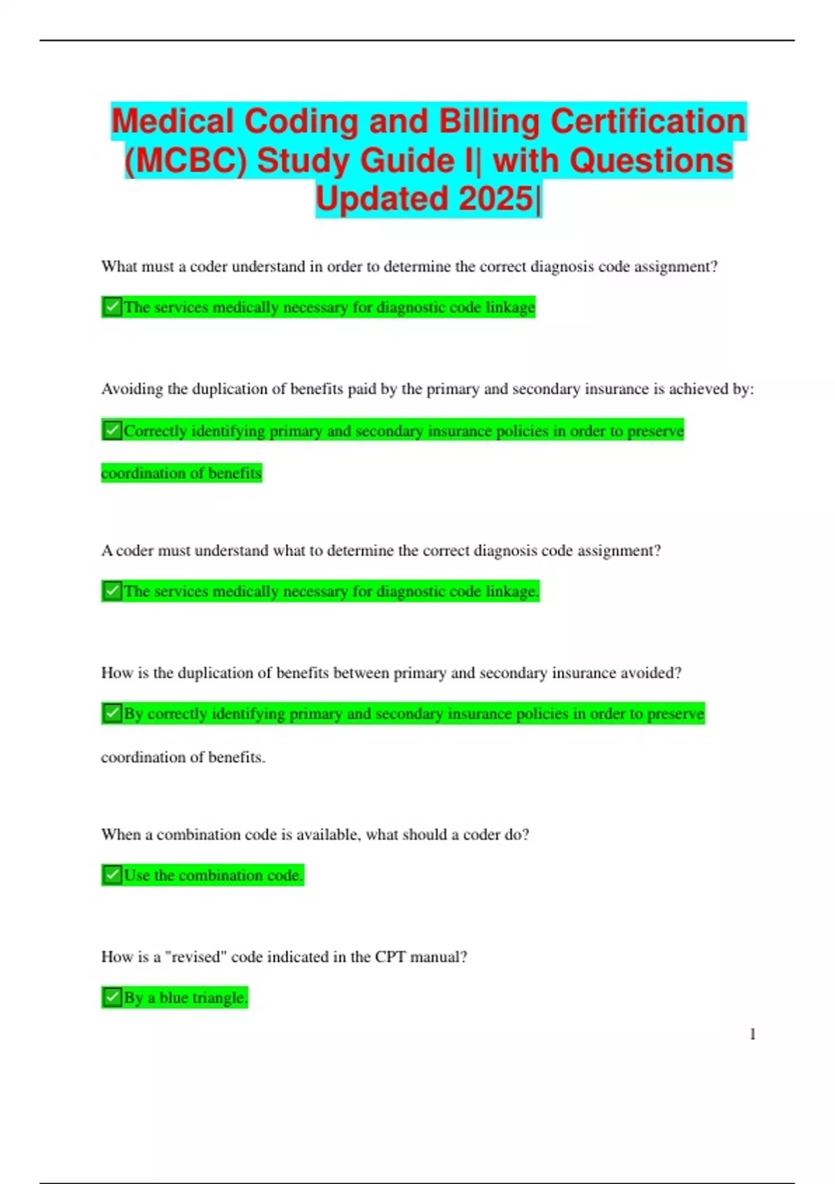 Medical Coding and Billing Certification (MCBC) Study Guide I| with Questions Updated 2025 ...