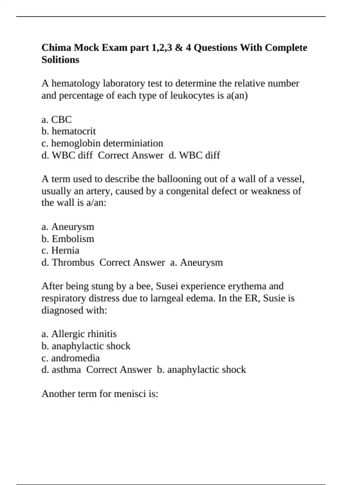 Chima Mock Exam part 1,2,3 & 4 Questions With Complete Solitions ...