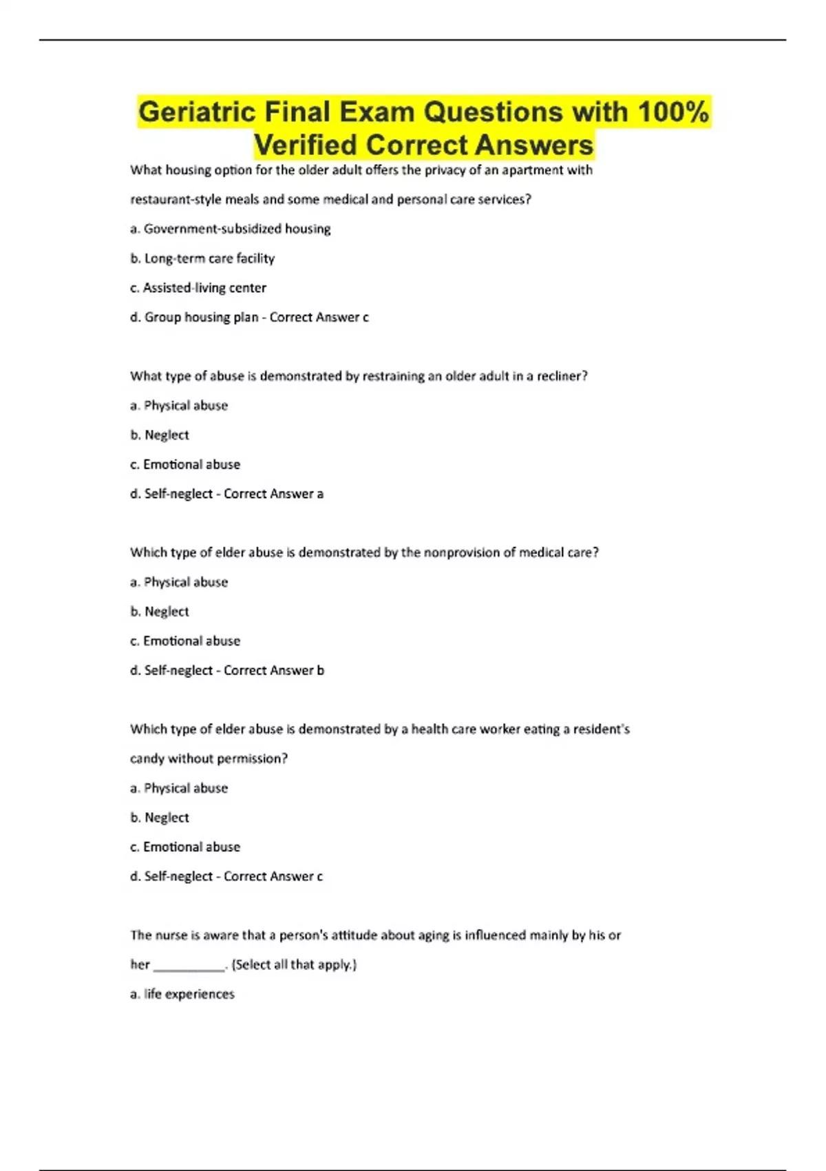 Geriatric Exam Bundle with Complete Solutions 2024/2025 - Stuvia US